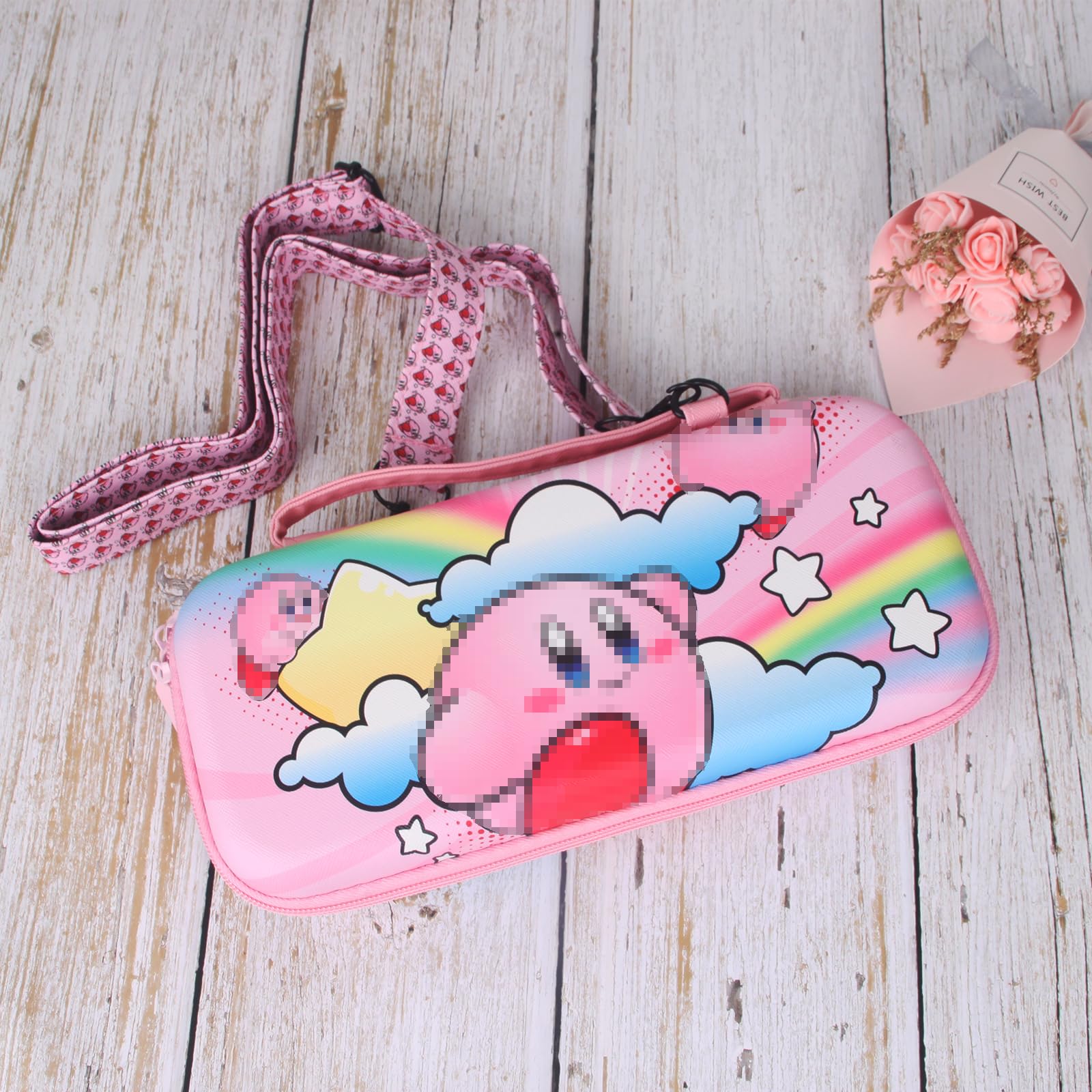 TIKOdirect Carrying Case for Nintendo Switch & OLED Mode, Cute Portable Travel Bag in Newest Updated Design of Pink Interior with an Adjustable Shoulder Strap, Pink Kirby