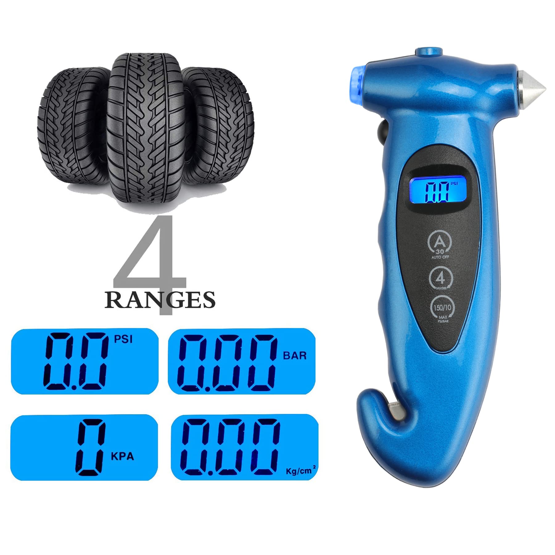 JUSTTOP Digital Tire Pressure Gauge, with Safety Hammer Multi-Function LCD Digital Display Car Tire Pressure Sensing System, Car Window Breaker, Seatbelt Cutter, Blue