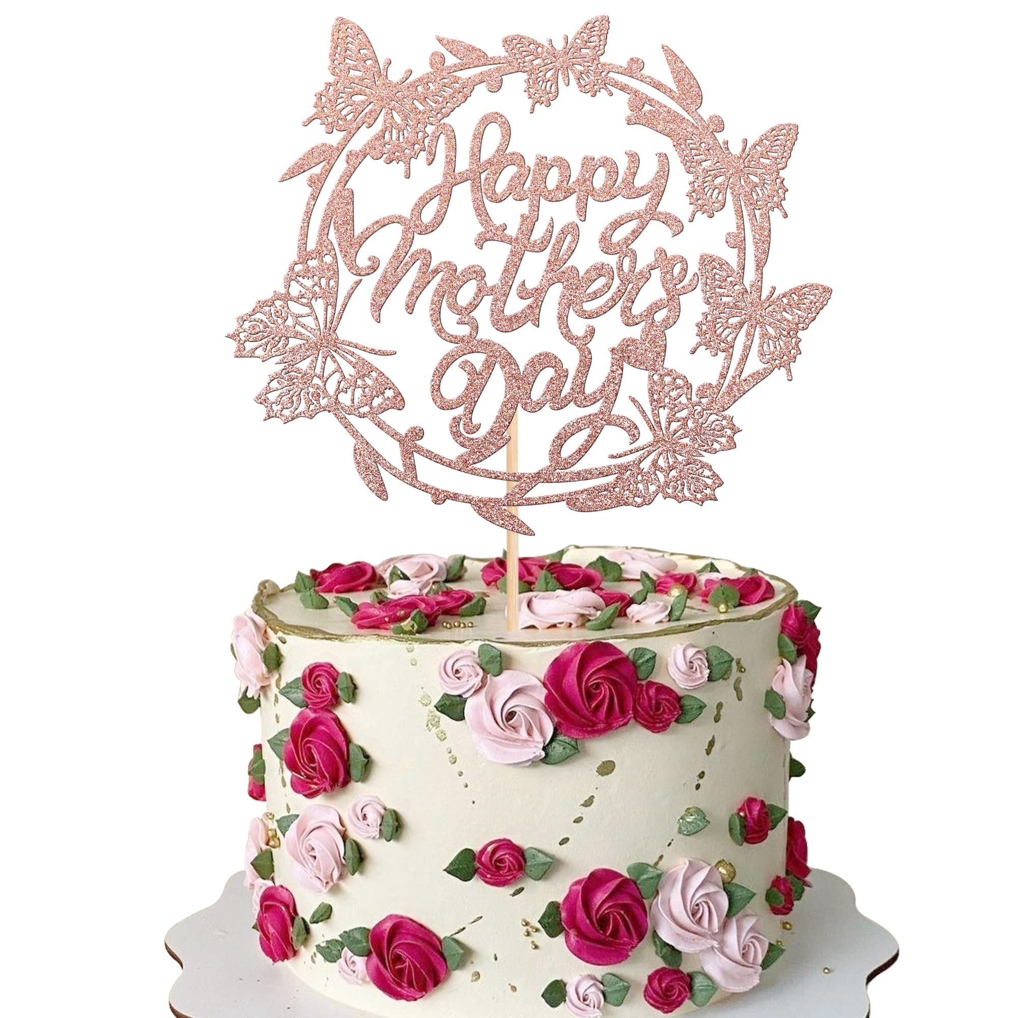 1 PCS Happy Mother's Day Cake Topper with Glitter Heart Garland Love Mom Butterfly Cake Pick Best Mom Cake Decorations for Happy Mother's Day Theme Women Birthday Party Supplies Rose Gold