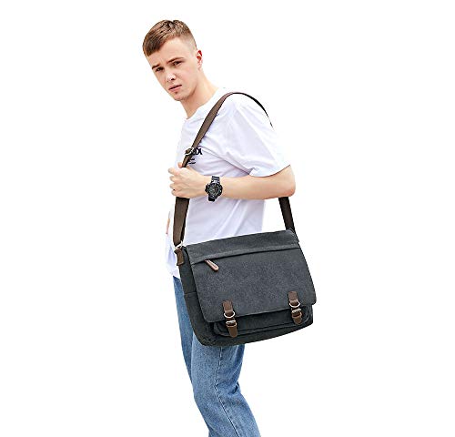 Messenger Bag for Men and Women, Retro Canvas Shoulder Bag Satchel For College fit 15.6 Inch Laptop (Black)