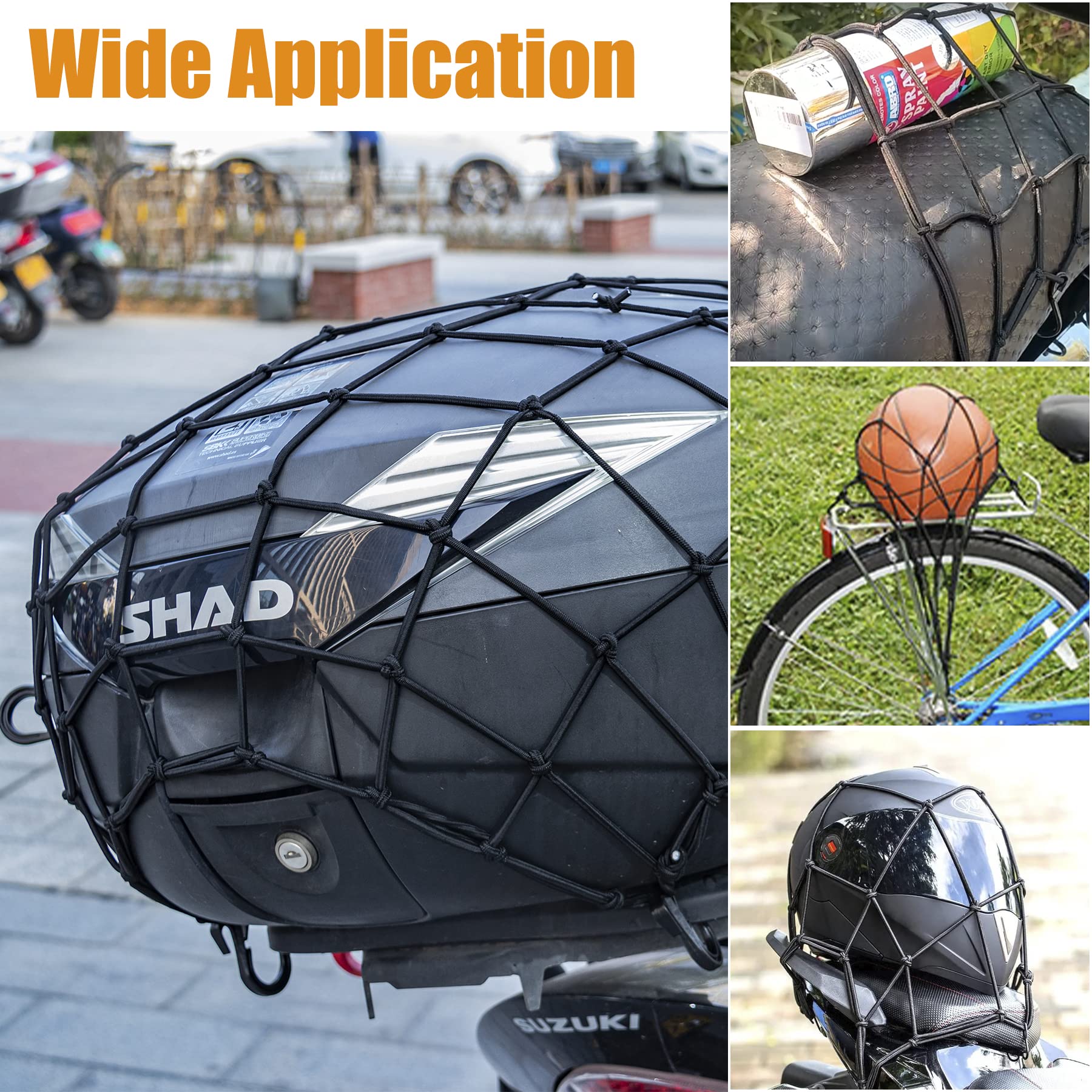 Amiss 15"x15" Elastic Motorcycle Cargo Net, Heavy Duty Bungee Net with 6 Adjustable Plastic Hooks, Luggage Thicken Netting with 2"x2" Small Mesh, Fit for Trailer, SUV, Motorcycle, ATV, Bike - Black