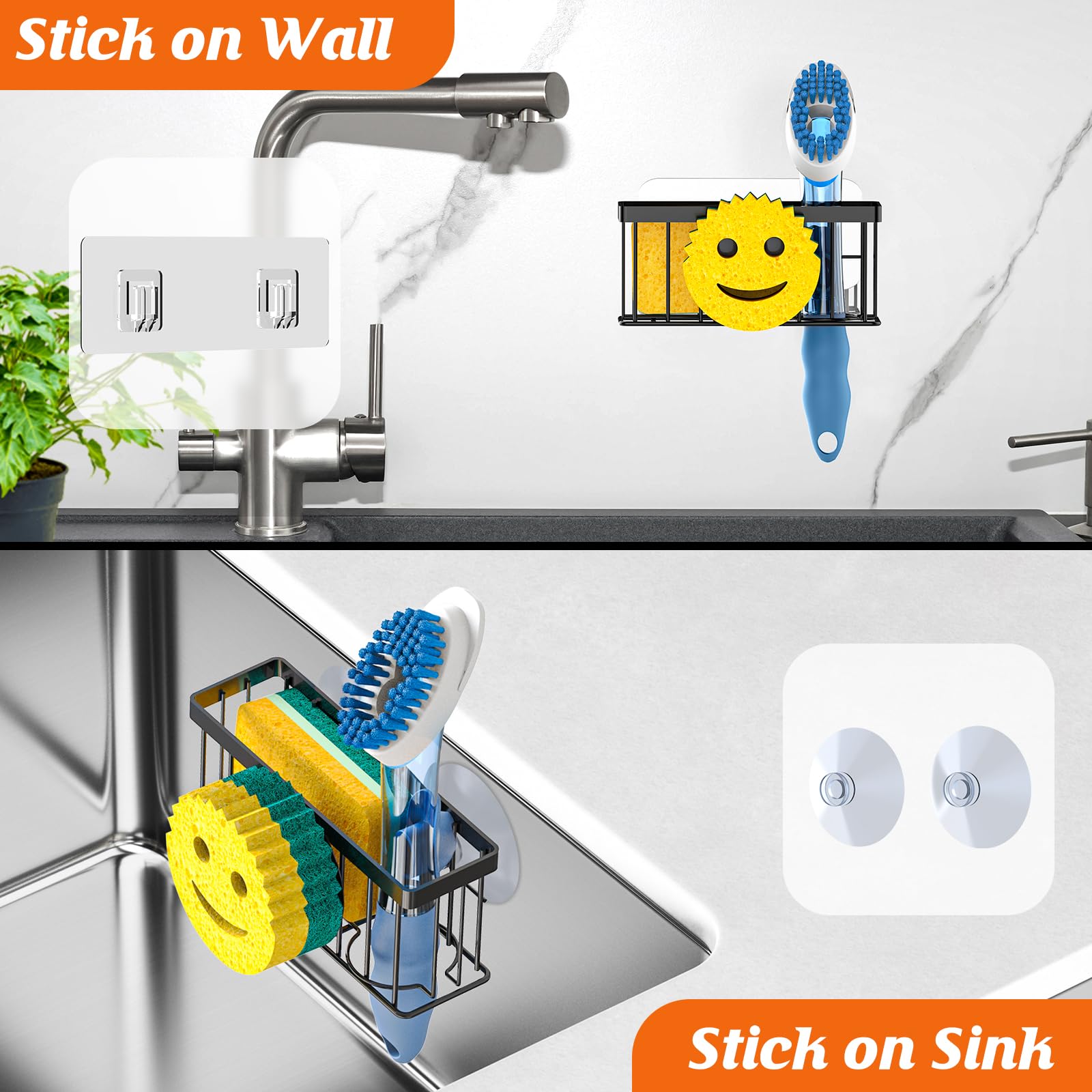 MURLONG Sink Caddy, Kitchen Sink Organizer, Sponge Soap Holder for Countertop, 304 Stainless Steel Dish Scrubber Holder with Removable Drain Pan for Sponge, Scrubber, Soap, Dish Brush-Black