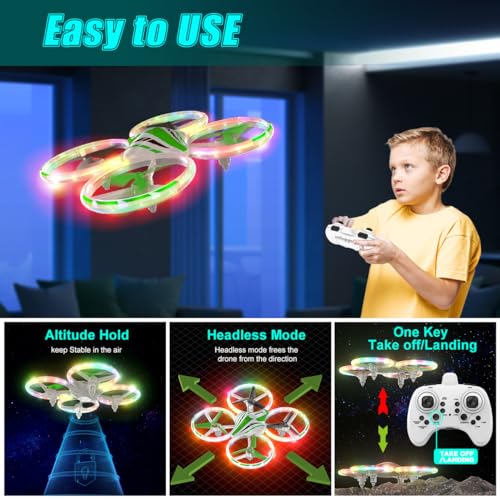 NXONE Drone for Kids and Beginners Mini RC Helicopter Quadcopter Drone with 7 color LED Lights, Altitude Hold, Headless Mode, with Remote Control (White Green)