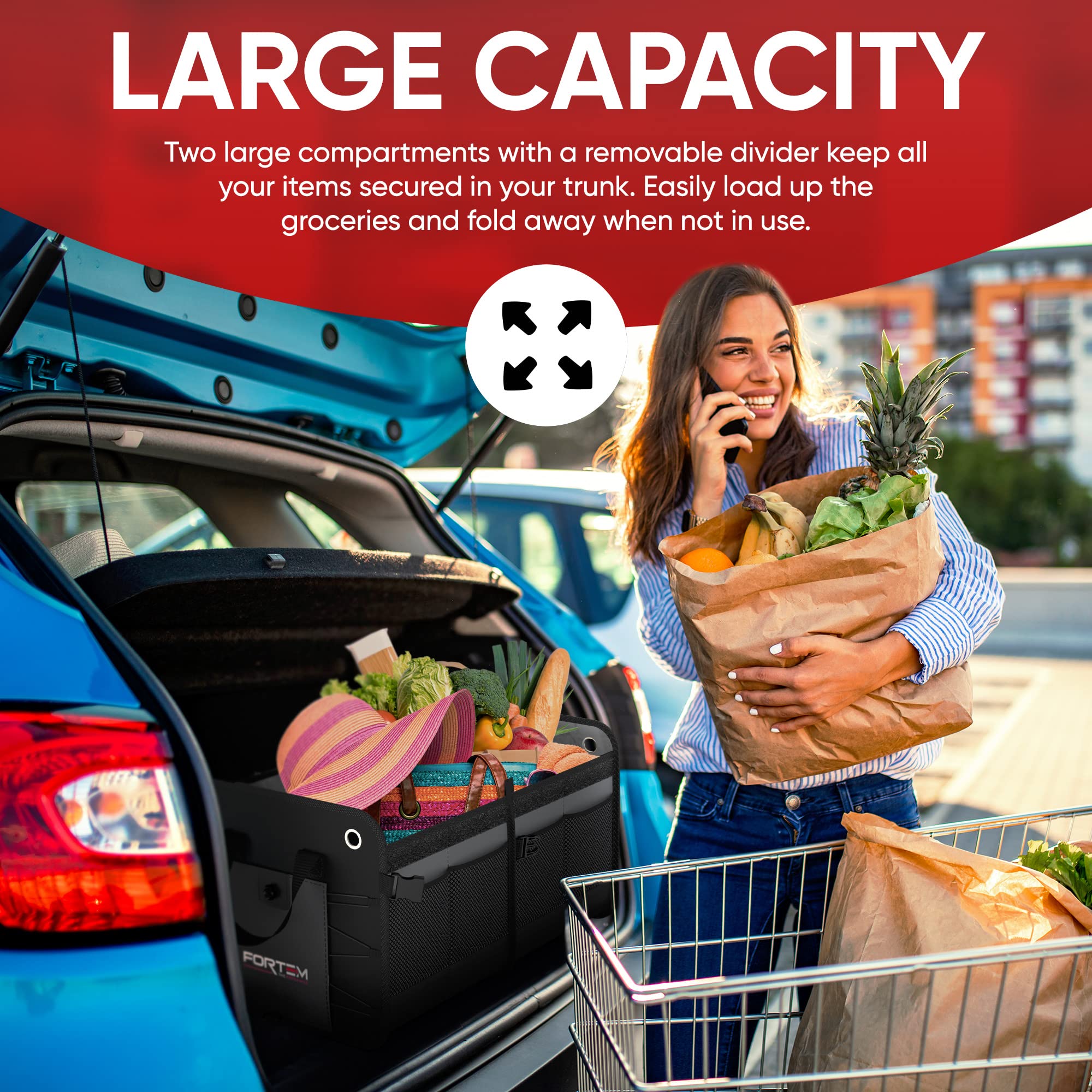 FORTEM SUV Trunk Organizer, Car Organizer, Collapsible Multi-Compartment Storage Bag for Car Accessories for Women Men, 1680D Oxford, Non Slip Bottom, Adjustable Straps, Soft Cover (65L)