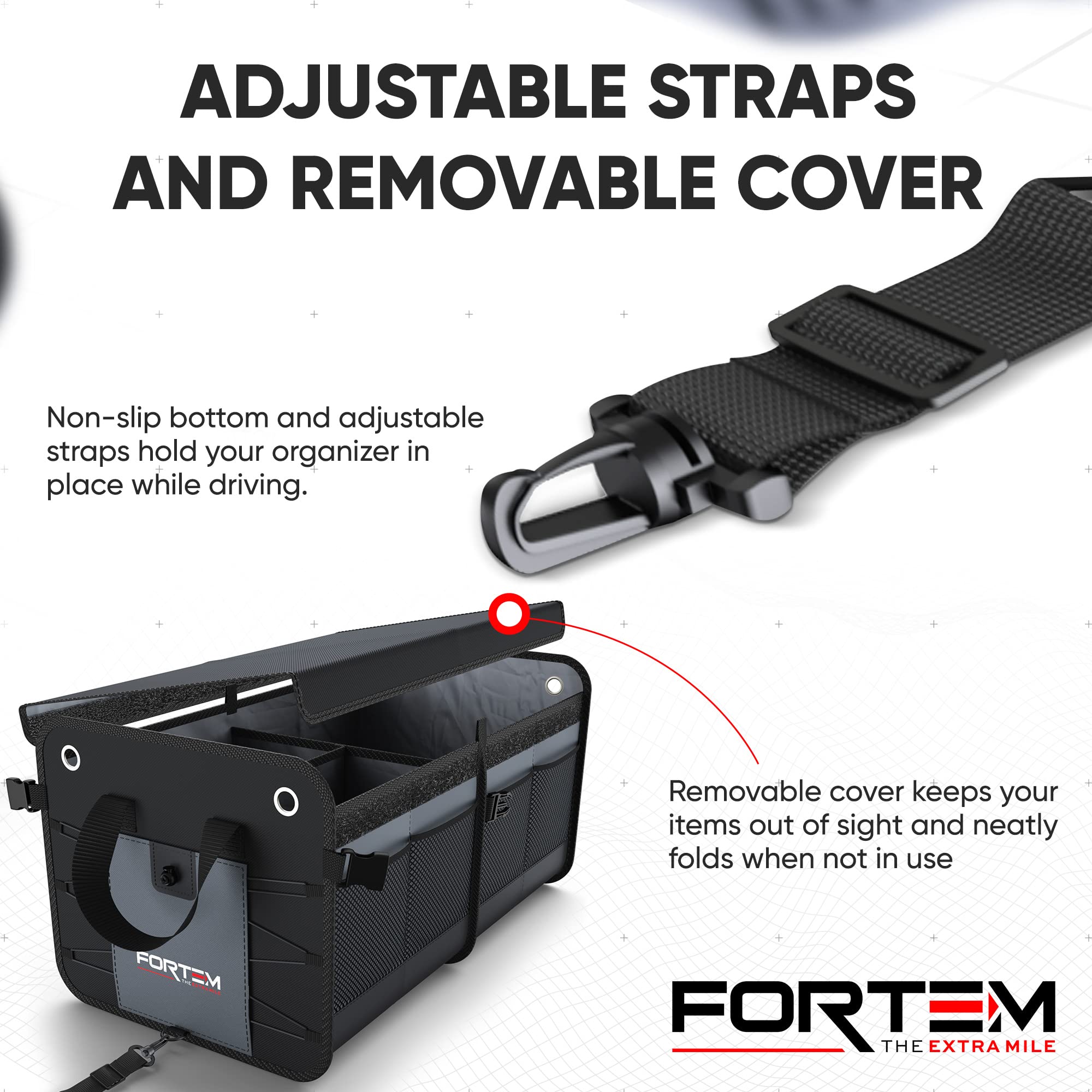 FORTEM SUV Trunk Organizer, Car Organizer, Collapsible Multi-Compartment Storage Bag for Car Accessories for Women Men, 1680D Oxford, Non Slip Bottom, Adjustable Straps, Soft Cover (65L)