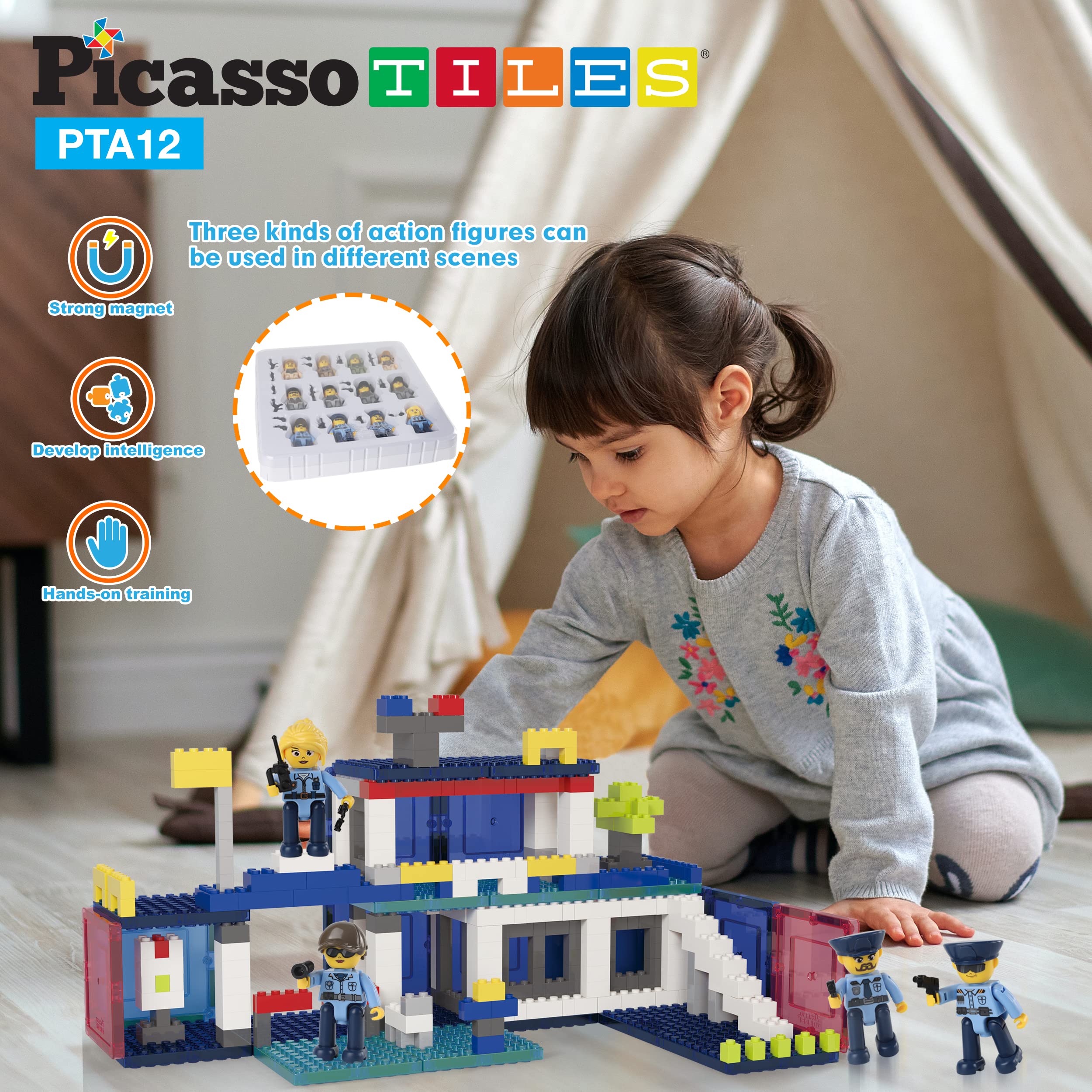 Picasso Toys Magnetic Action Figures Character Law Enforcement for Construction Building Block Tiles Toy Set Magnet Expansion Variety Pack Educational STEM Learning Kit Pretend Playset PTA12