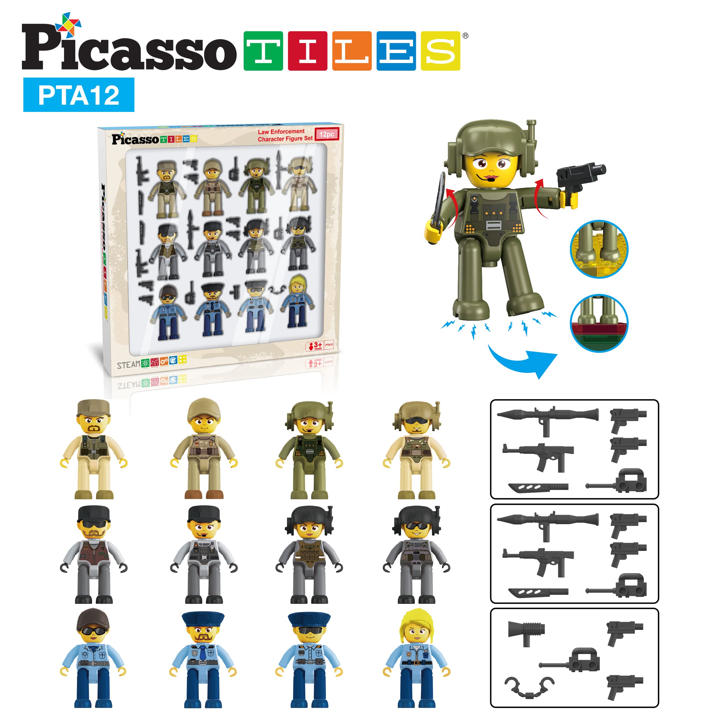 Picasso Toys Magnetic Action Figures Character Law Enforcement for Construction Building Block Tiles Toy Set Magnet Expansion Variety Pack Educational STEM Learning Kit Pretend Playset PTA12