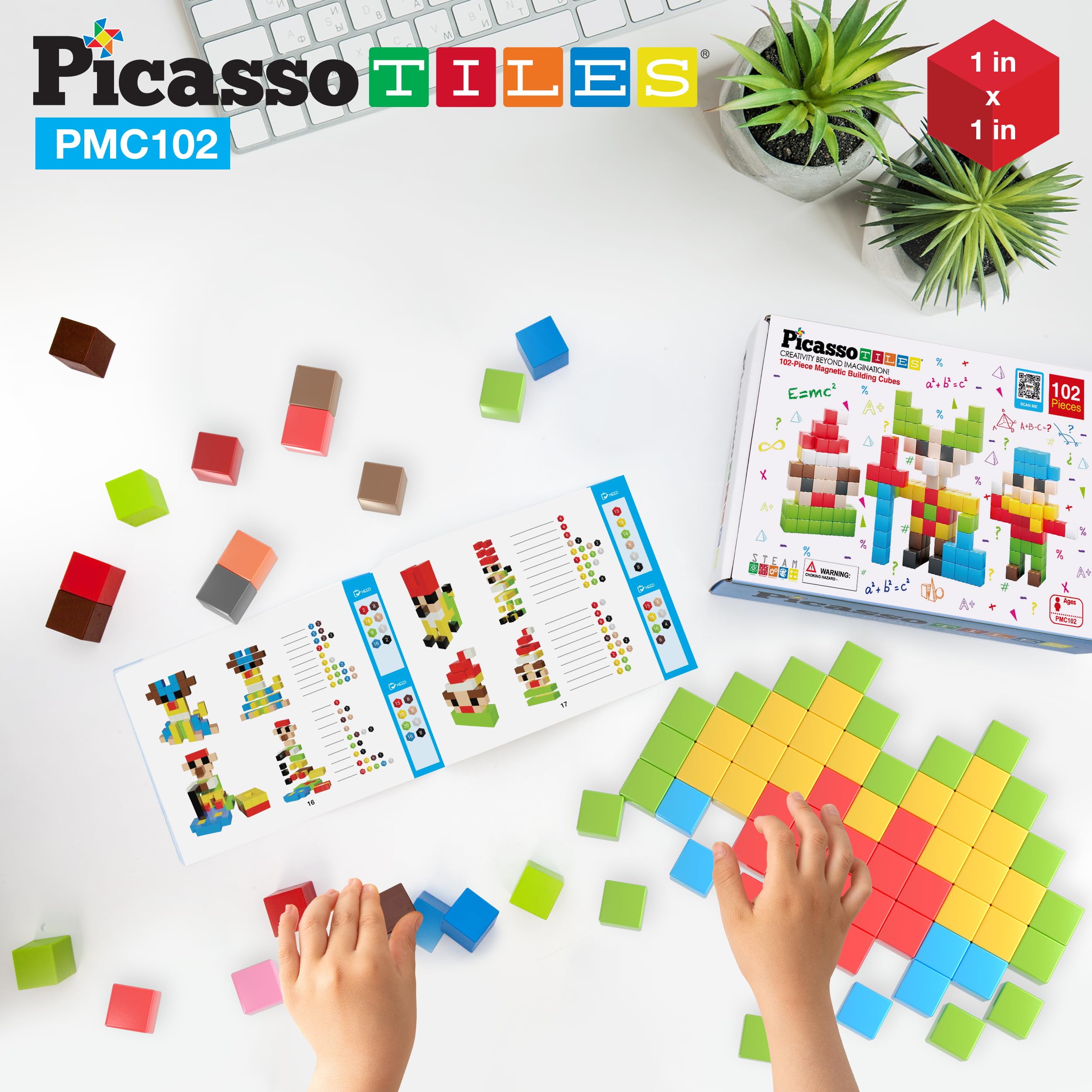 Picasso Cubes Kids Pixel 1β Magnetic Puzzle Cube 102 Piece Mix & Match with FREE Idea Book Sensory Toys STEAM Education Learning Building Block Magnets Construction ToySet Stacking Magnet Creative Kit