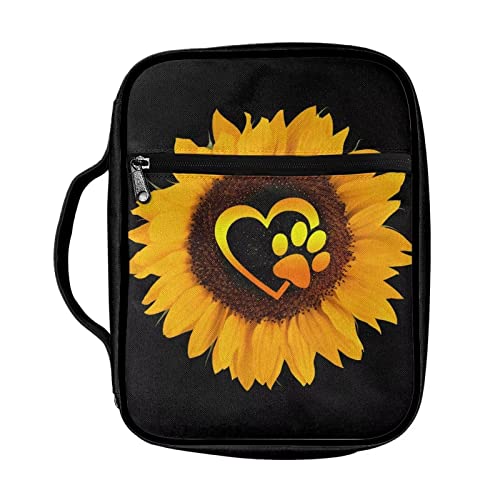 Drydeepin Yellow Sunflower Cute Cartoon Dog Paws Print Womens Bible Case Zippered Bible Covers Church Study Supplies Portable Carrying Bible Case with Handle for Pastor Gifts