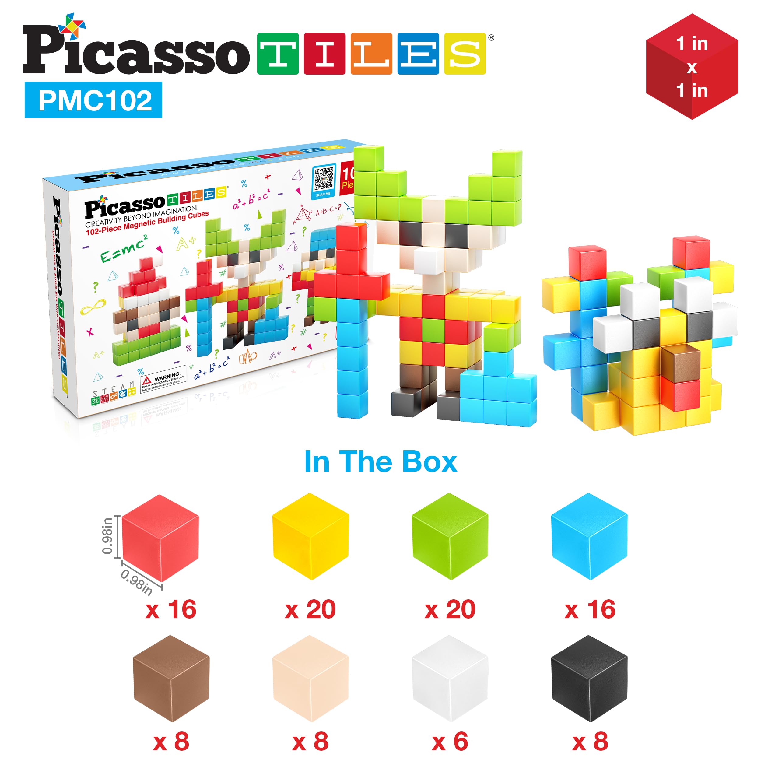 Picasso Cubes Kids Pixel 1β Magnetic Puzzle Cube 102 Piece Mix & Match with FREE Idea Book Sensory Toys STEAM Education Learning Building Block Magnets Construction ToySet Stacking Magnet Creative Kit