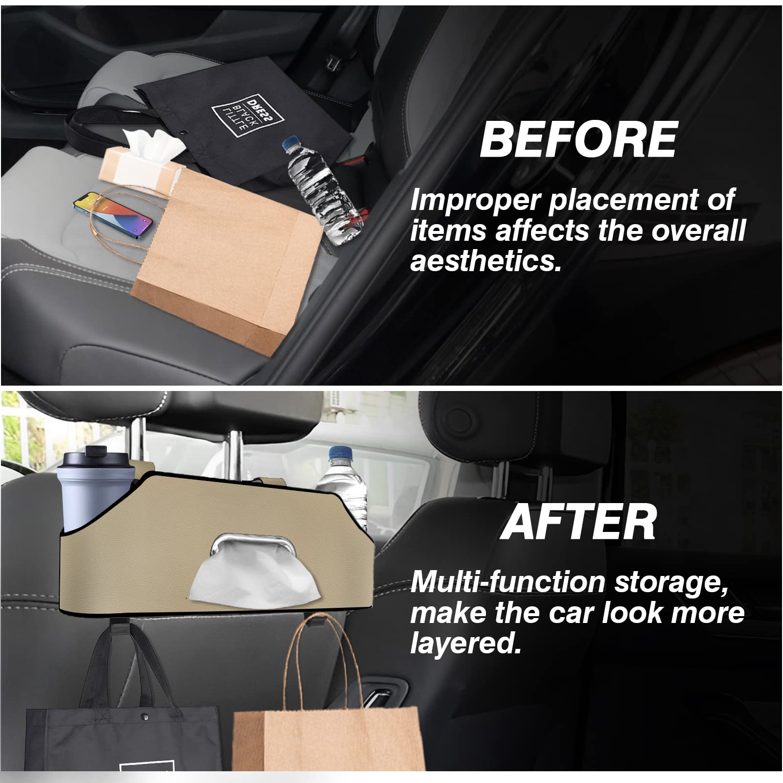 Car Headrest Backseat Organizer,Seat Back Organizer,Hook,Cup Holder,Tissue Box,Phone Holder,Storage Box,Multifunctional Storage for Car Travel Accessories(Off White)