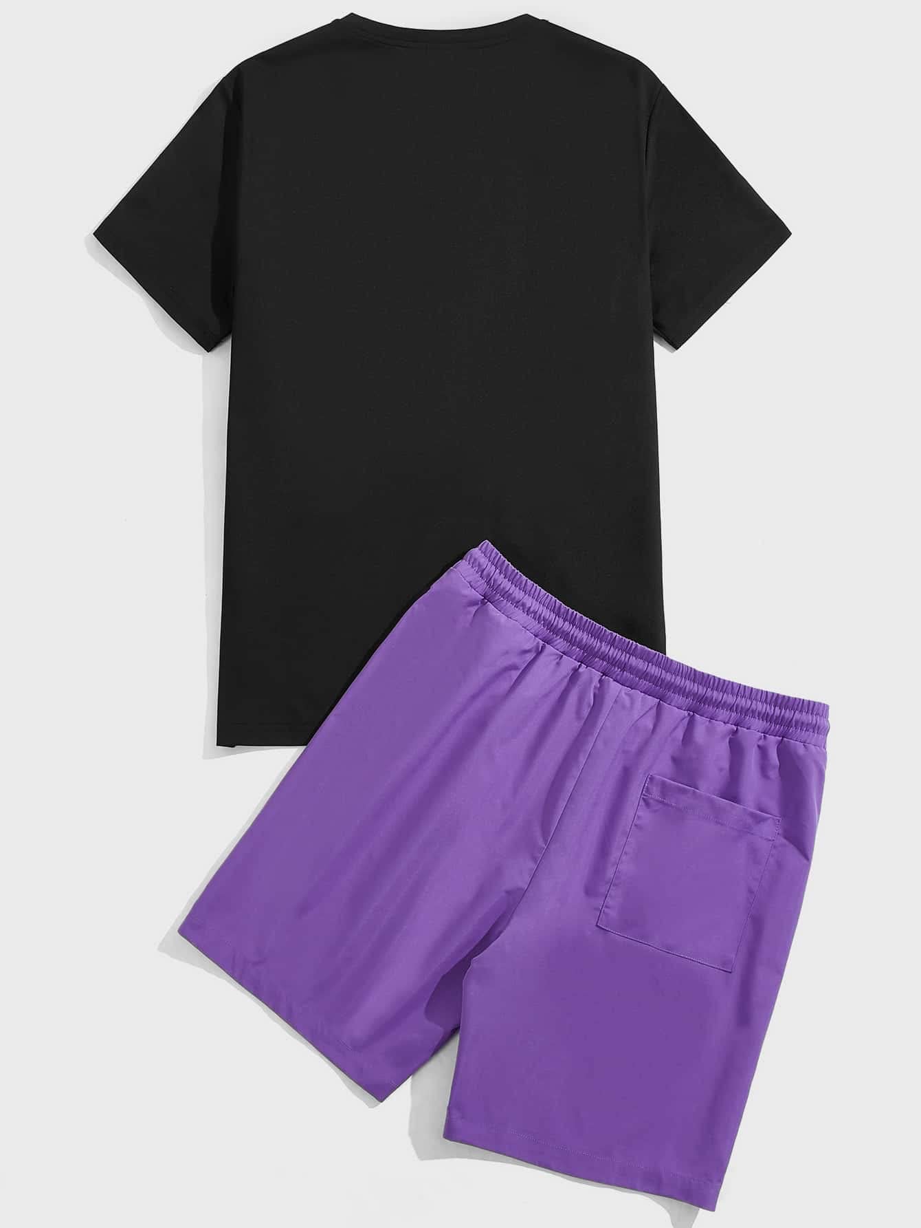 GORGLITTER Men's Letter Printed T Shirts Short Sleeve Top & Shorts Casual Two Piece Sets Black and Purple Letter & Bear Medium