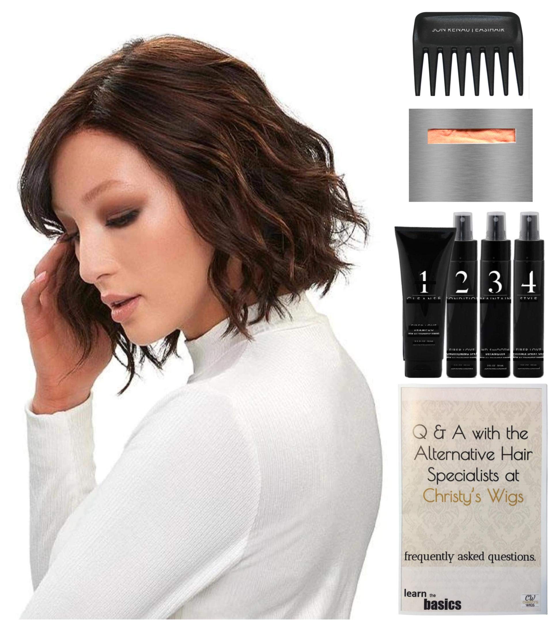 Bundle - 8 item: January Petite Wig by Jon Renau, Christy's Wigs Q & A Booklet, 2oz Travel Size Wig Shampoo, Conditioning Spray, Flexible Spray, HD Smooth, Wide Tooth Comb & Wig Cap - Color: 4