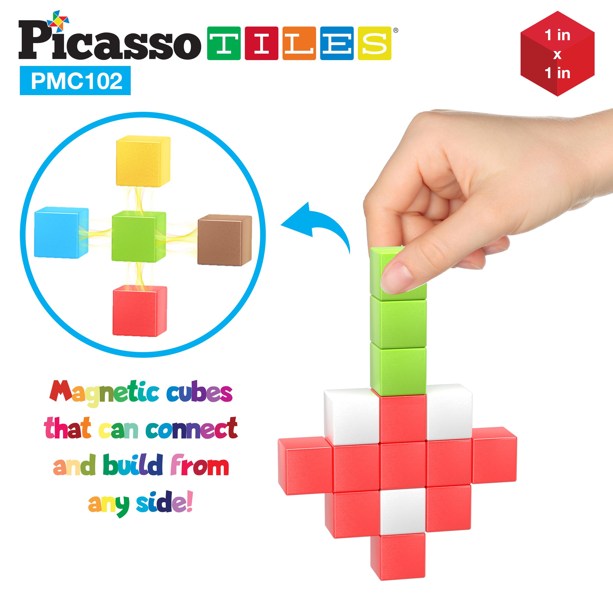 Picasso Cubes Kids Pixel 1β Magnetic Puzzle Cube 102 Piece Mix & Match with FREE Idea Book Sensory Toys STEAM Education Learning Building Block Magnets Construction ToySet Stacking Magnet Creative Kit