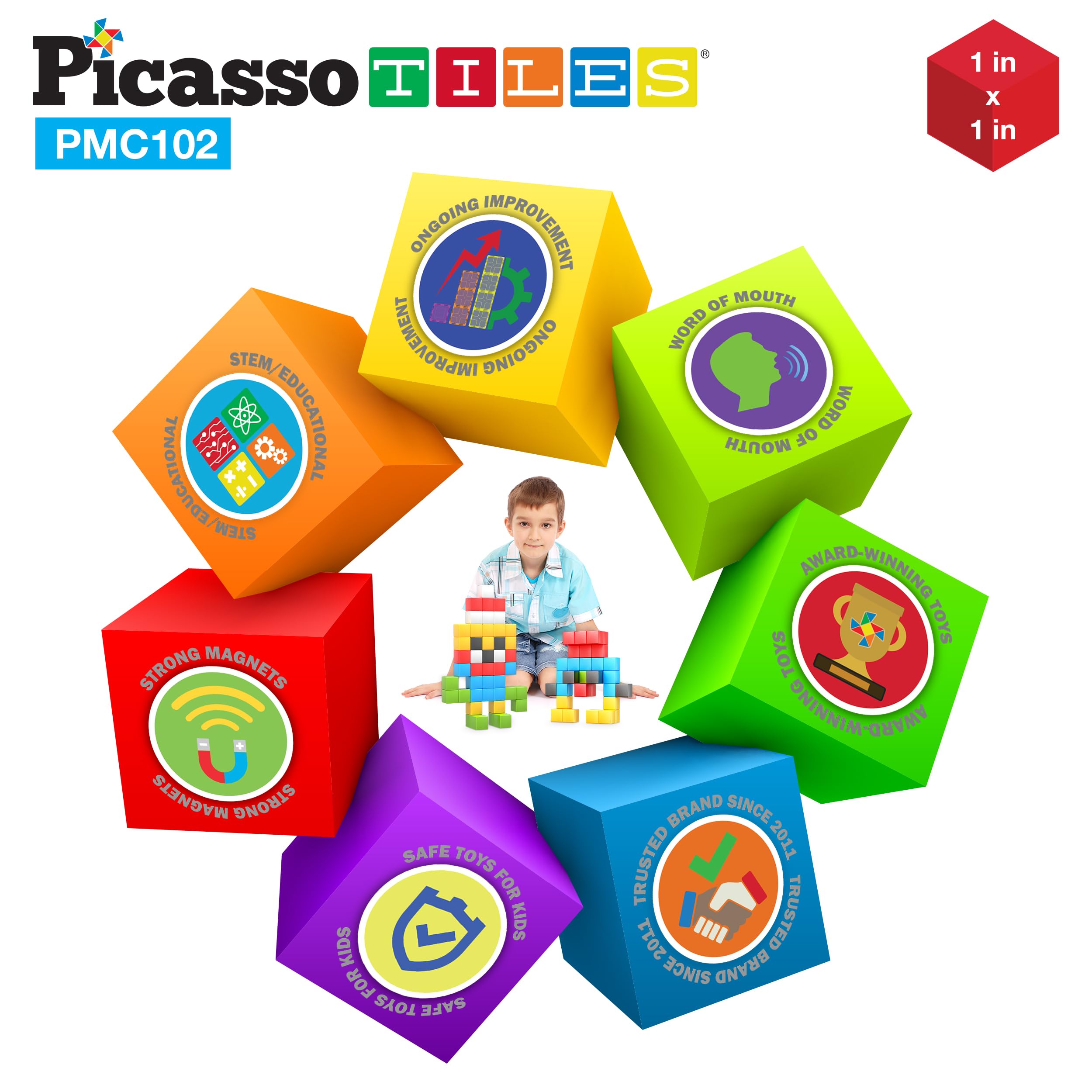 Picasso Cubes Kids Pixel 1β Magnetic Puzzle Cube 102 Piece Mix & Match with FREE Idea Book Sensory Toys STEAM Education Learning Building Block Magnets Construction ToySet Stacking Magnet Creative Kit