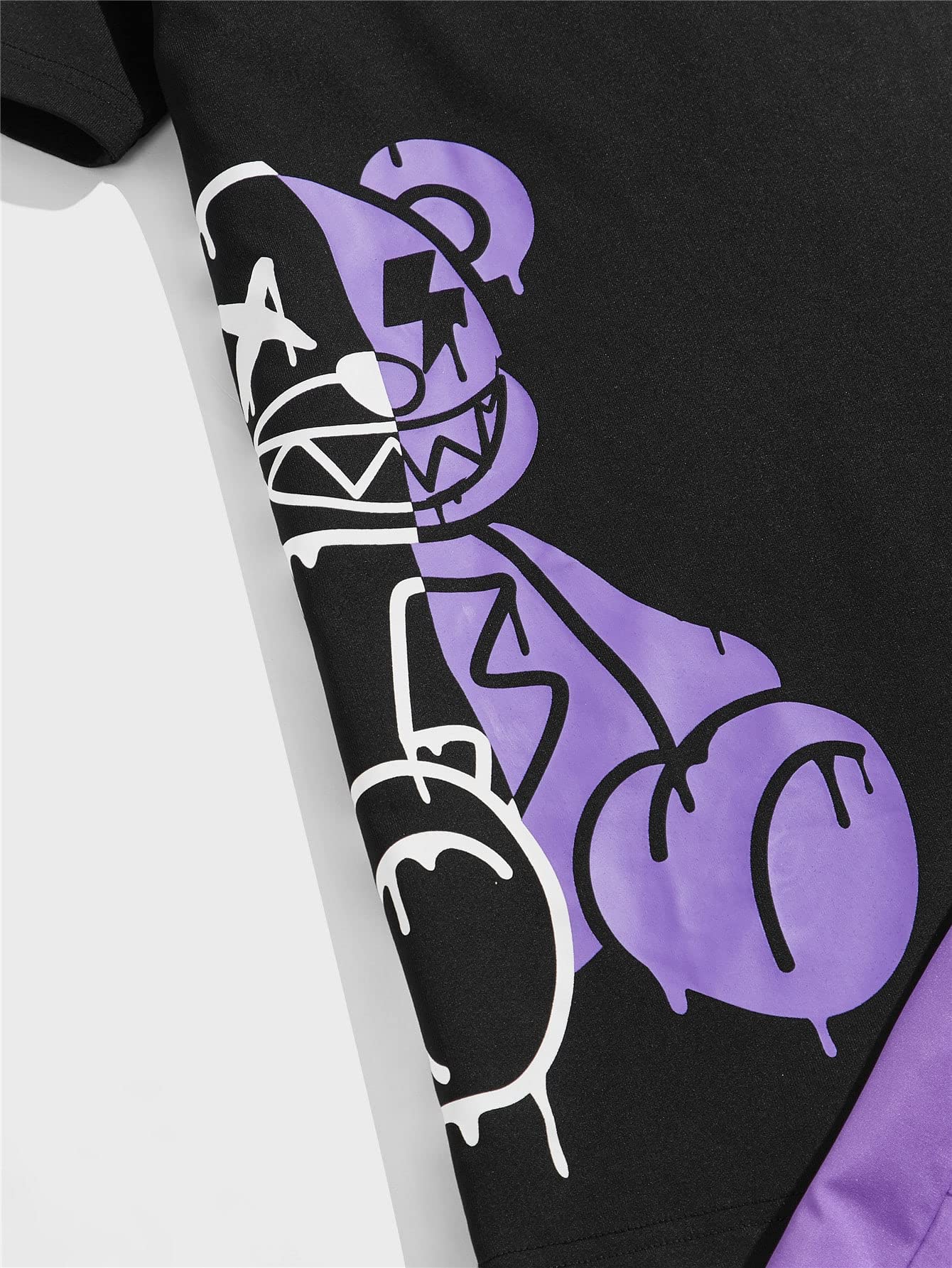 GORGLITTER Men's Letter Printed T Shirts Short Sleeve Top & Shorts Casual Two Piece Sets Black and Purple Letter & Bear Medium