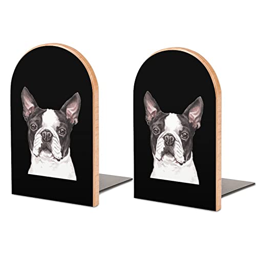 Cute Boston Terrier Dog Simple Nature Wooden Shelves Bookends Desktop Book Stand Book Ends Books Holder for Library School Home Office Study Decoration(Beech Wood)