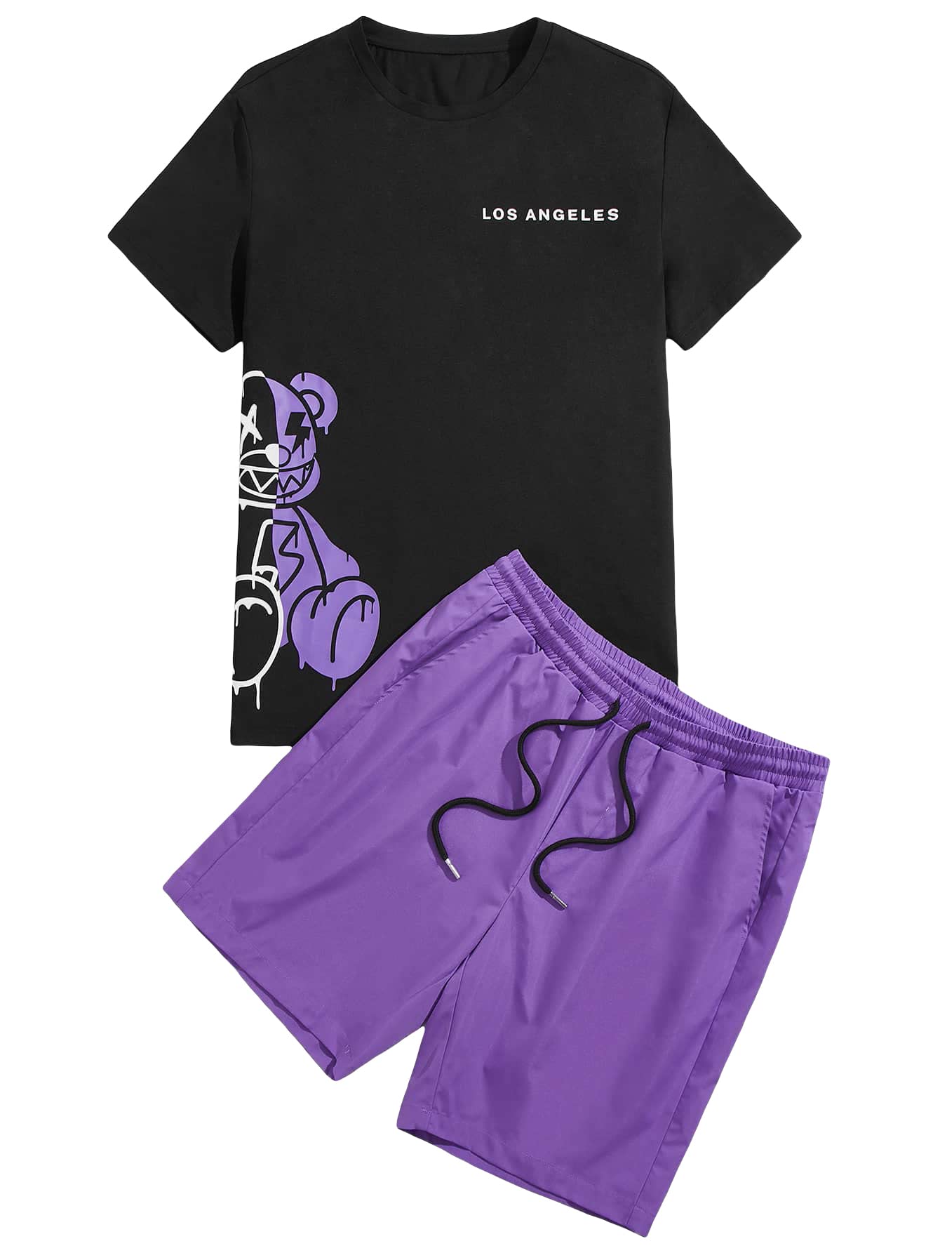 GORGLITTER Men's Letter Printed T Shirts Short Sleeve Top & Shorts Casual Two Piece Sets Black and Purple Letter & Bear Medium