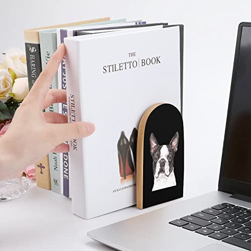 Cute Boston Terrier Dog Simple Nature Wooden Shelves Bookends Desktop Book Stand Book Ends Books Holder for Library School Home Office Study Decoration（Beech Wood）