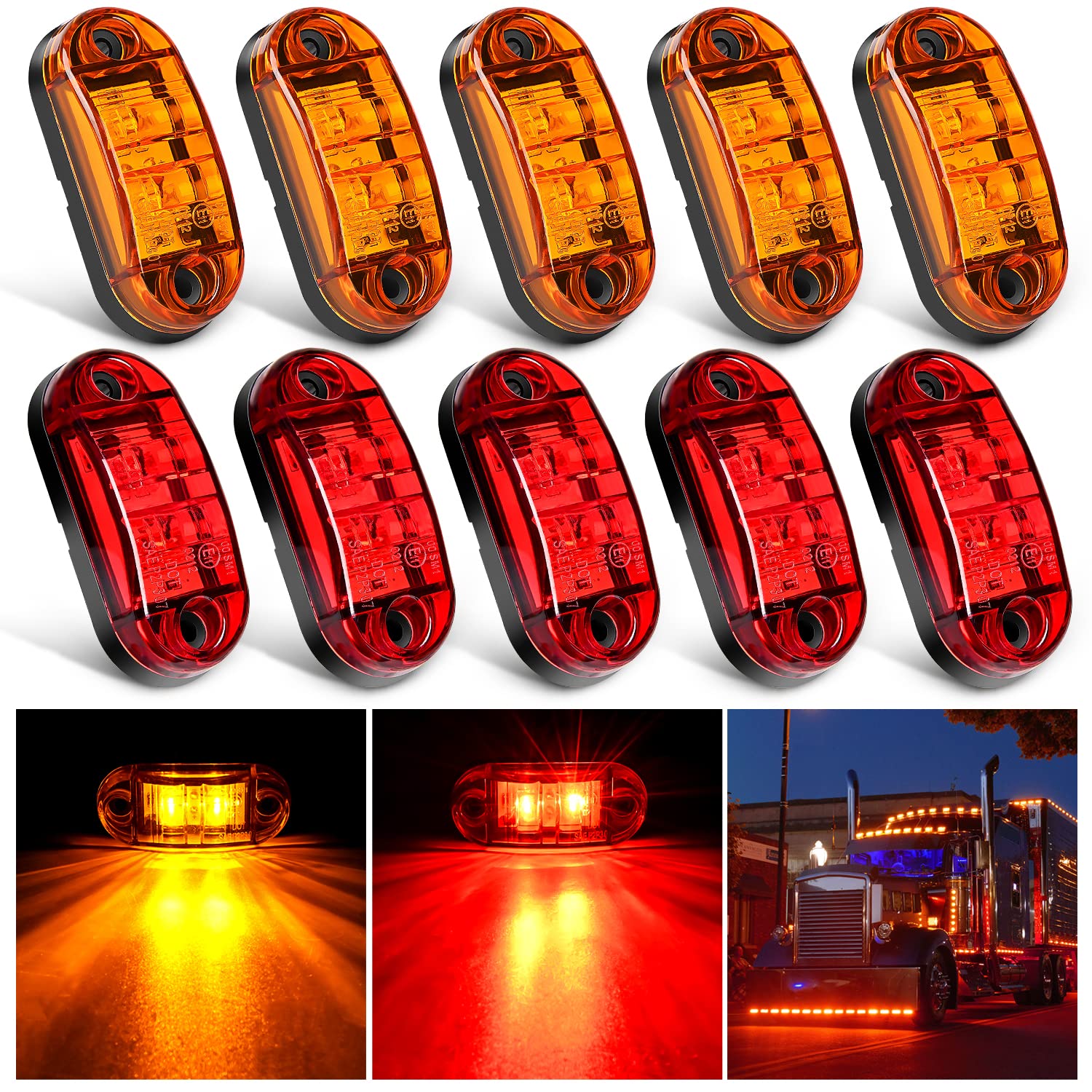 Nilight 2.5Inch Oval Side Marker Light 10PCS 2 Diode LED Trailer Fender Light Clearance Light Waterproof Surface Mounted for 10-30V Truck Camper Boat Lorry
