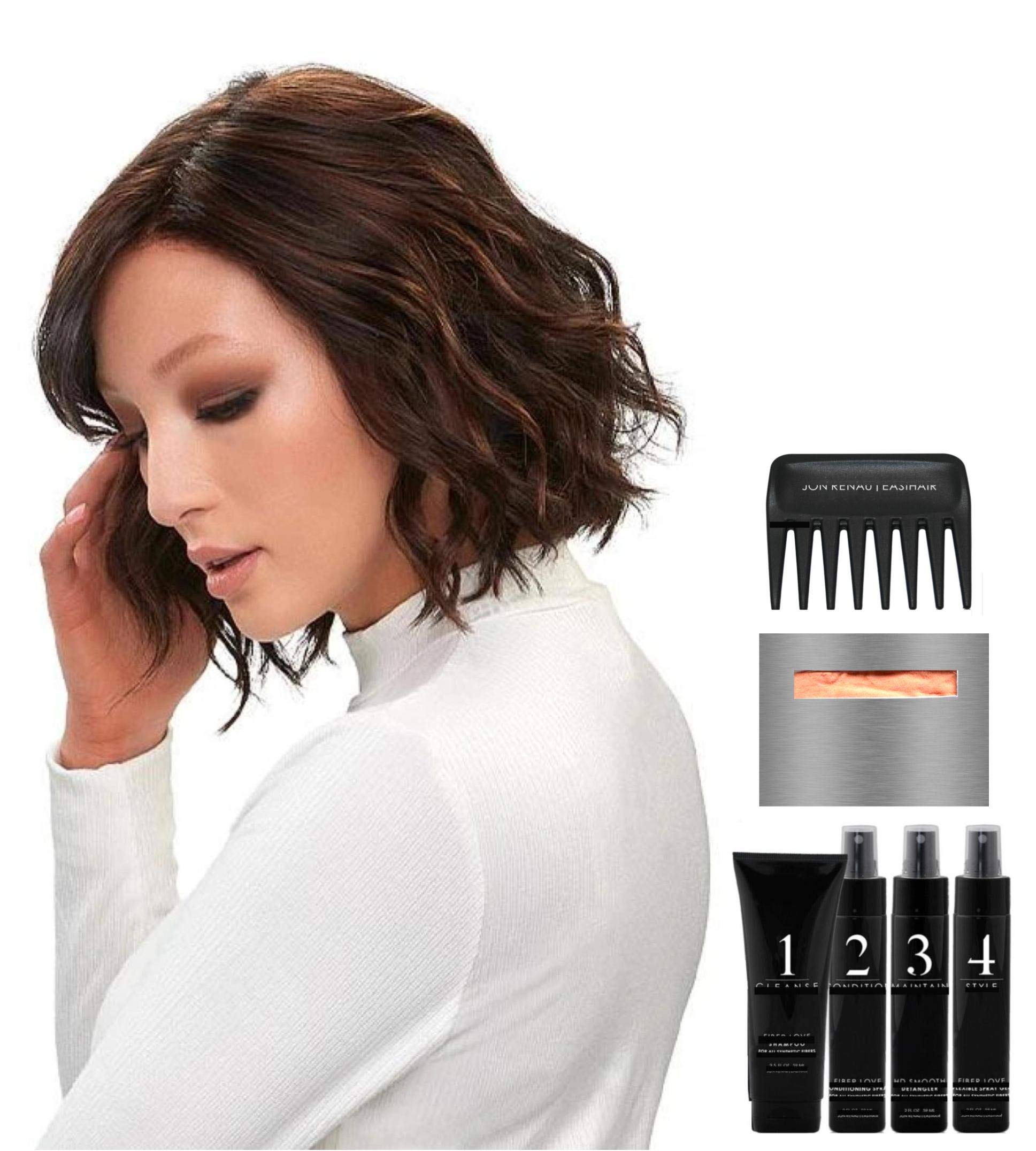 Bundle - 8 item: January Petite Wig by Jon Renau, Christy's Wigs Q & A Booklet, 2oz Travel Size Wig Shampoo, Conditioning Spray, Flexible Spray, HD Smooth, Wide Tooth Comb & Wig Cap - Color: 4
