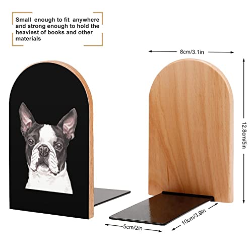 Cute Boston Terrier Dog Simple Nature Wooden Shelves Bookends Desktop Book Stand Book Ends Books Holder for Library School Home Office Study Decoration（Beech Wood）