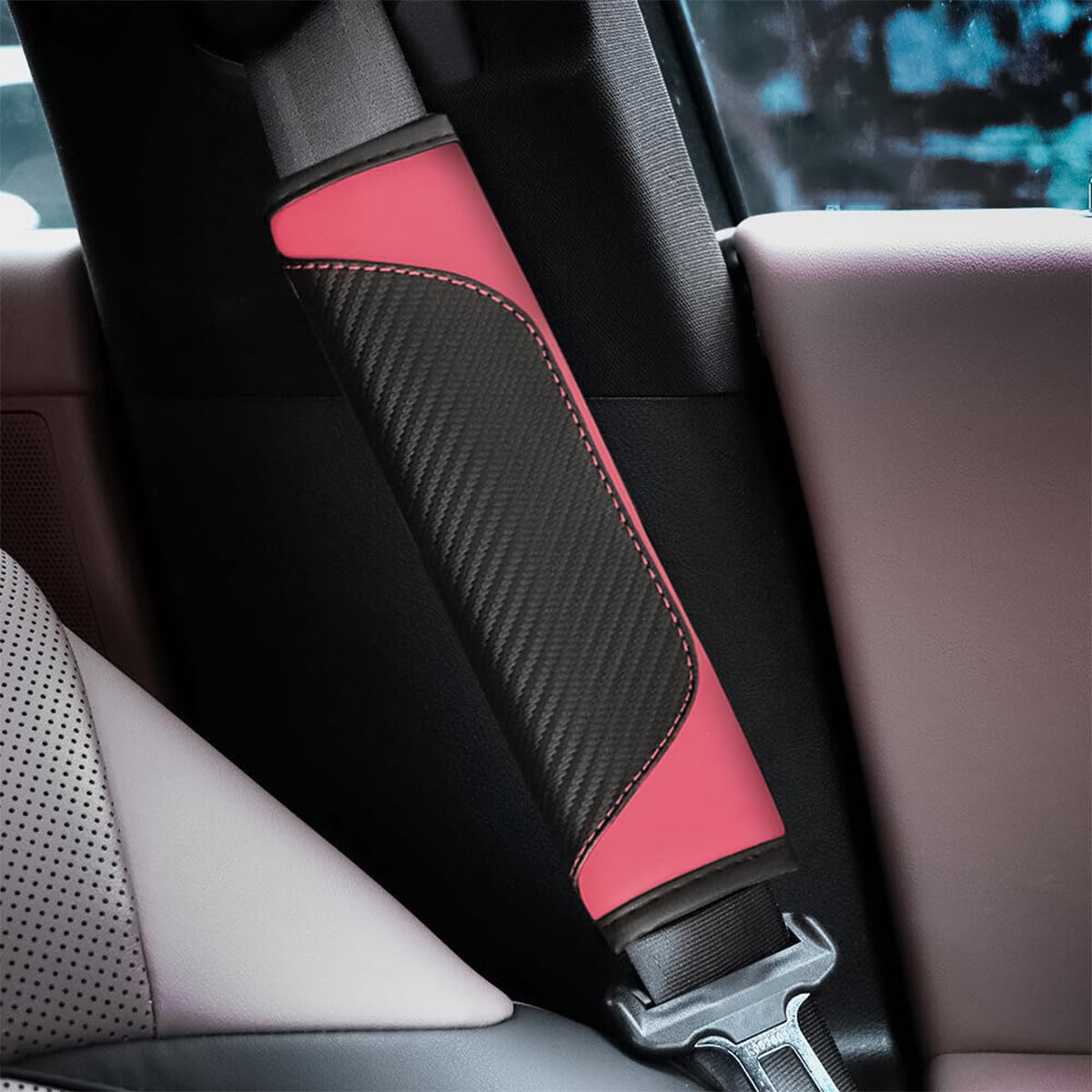 AUCELI 2PCS Car Seat Belt Cover, Carbon Fiber Safety Seatbelt Shoulder Strap Covers, Breathable Leather Soft Harness Pad Protect Your Neck and Shoulder Compatible with Cars