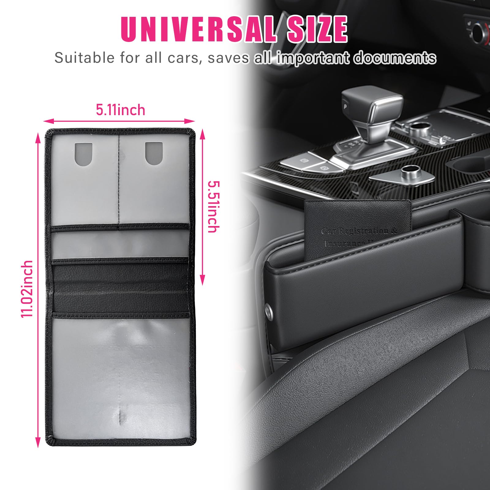 Dickno Car Registration and Insurance Holder, 5.51" × 5.11" Leather Vehicle Glove Box Organizer with Magnetic Closure, Auto Document Holder for Cards and Drive License (Black)