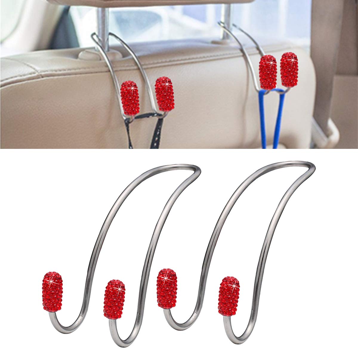 Bling Car Seat Hooks, Rhinestone Universal Organizer Hooks Car Headrest Hangers Hooks, Bag Organizers Rack and Hanger, Strong and Durable Auto Backseat Storage Hooks (B-Red)