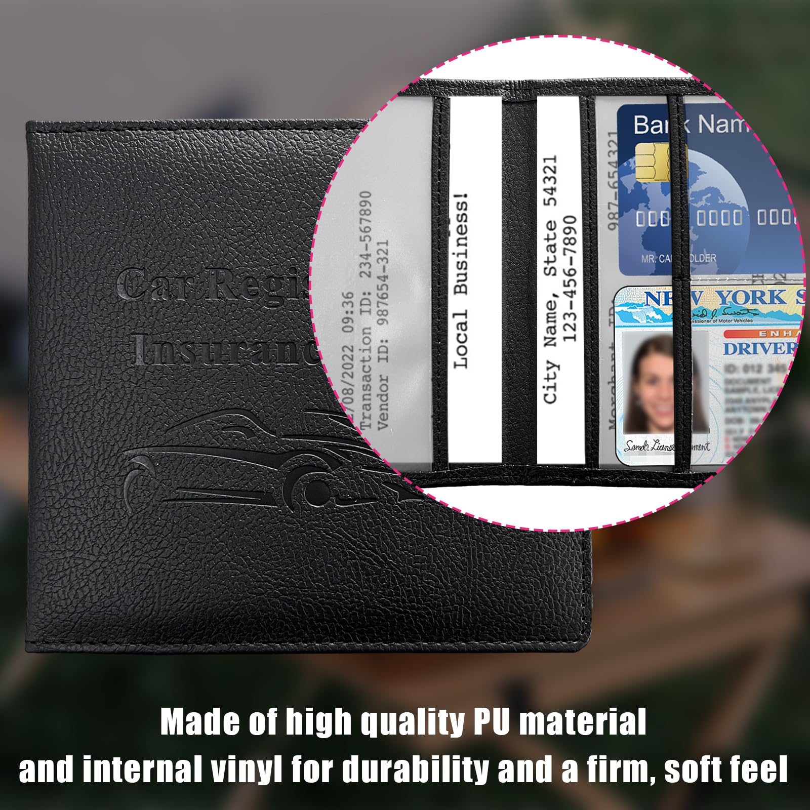 Dickno Car Registration and Insurance Holder, 5.51" × 5.11" Leather Vehicle Glove Box Organizer with Magnetic Closure, Auto Document Holder for Cards and Drive License (Black)