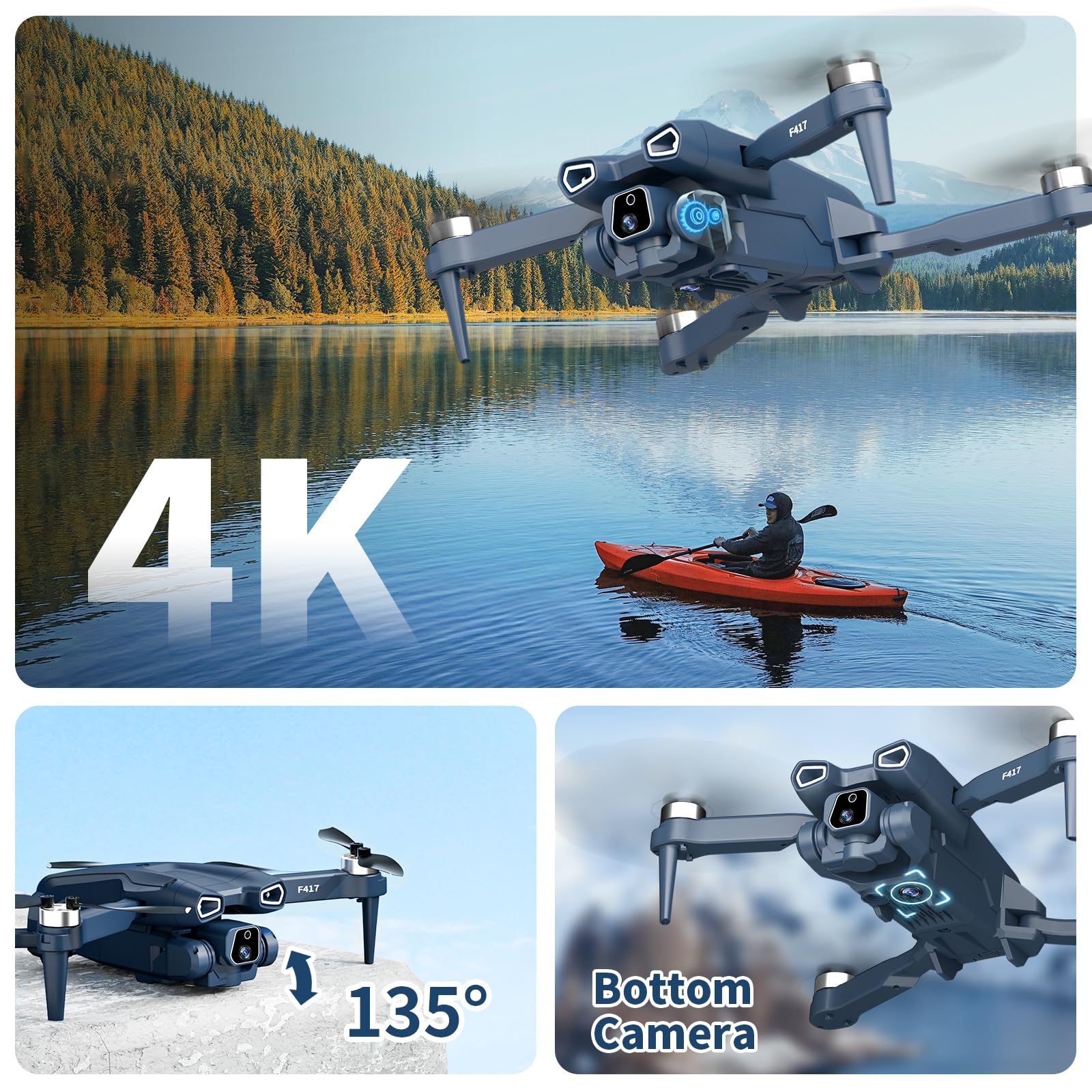 Brushless Motor Drone with Dual Camera for Adults, 1080P Adjustable Camera Drones, 5GHz WiFi FPV RC Quadcopter with Optical Flow Positioning for Beginners, 3D Flips, 2 Batteries