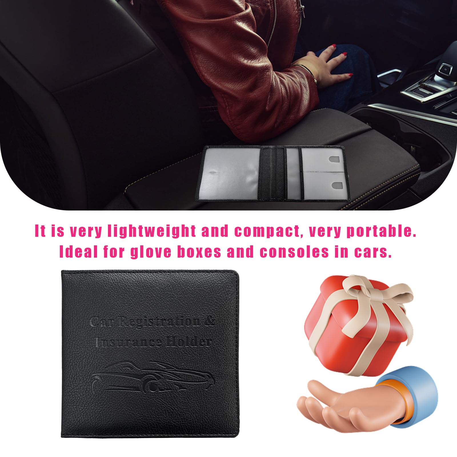 Dickno Car Registration and Insurance Holder, 5.51" × 5.11" Leather Vehicle Glove Box Organizer with Magnetic Closure, Auto Document Holder for Cards and Drive License (Black)