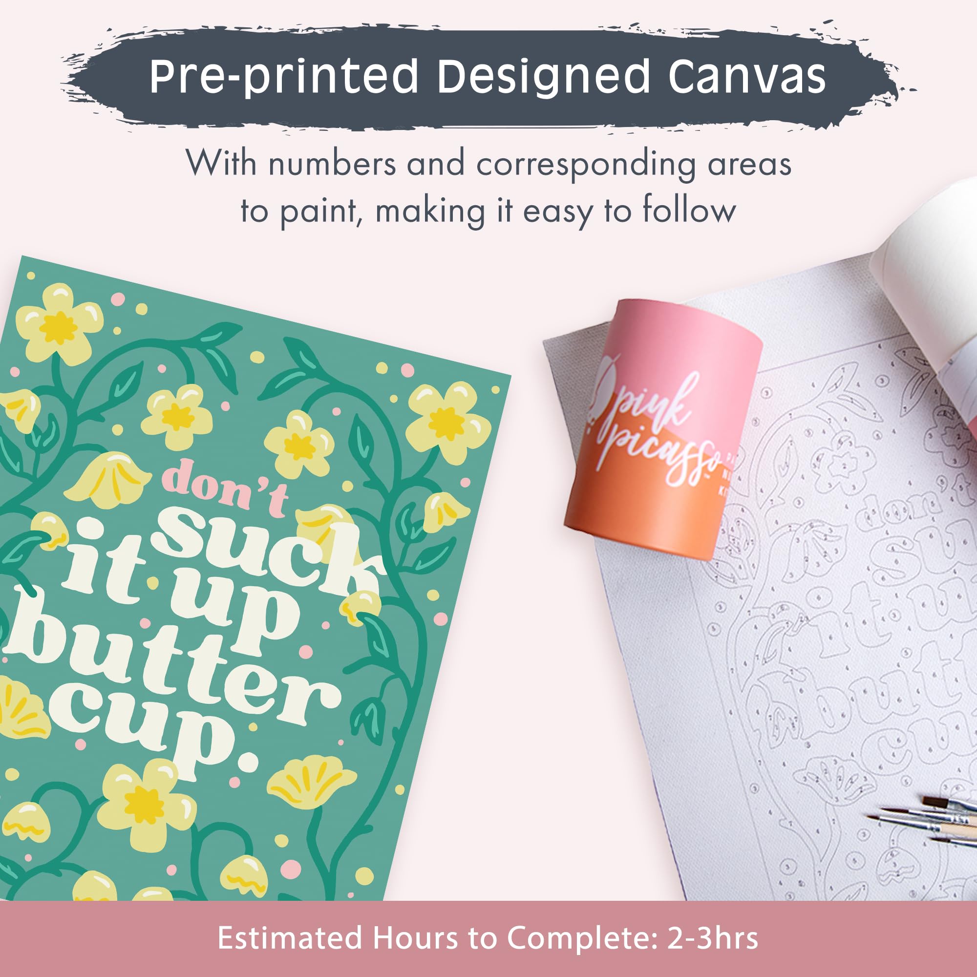 Pink Picasso Kits Self Care Collection Paint by Number for Adults & Beginners | DIY Unique 8x10 Canvas Painting Kits | Color by Numbers Arts Paint Canvas for Teens | Don't Suck it Up Buttercup