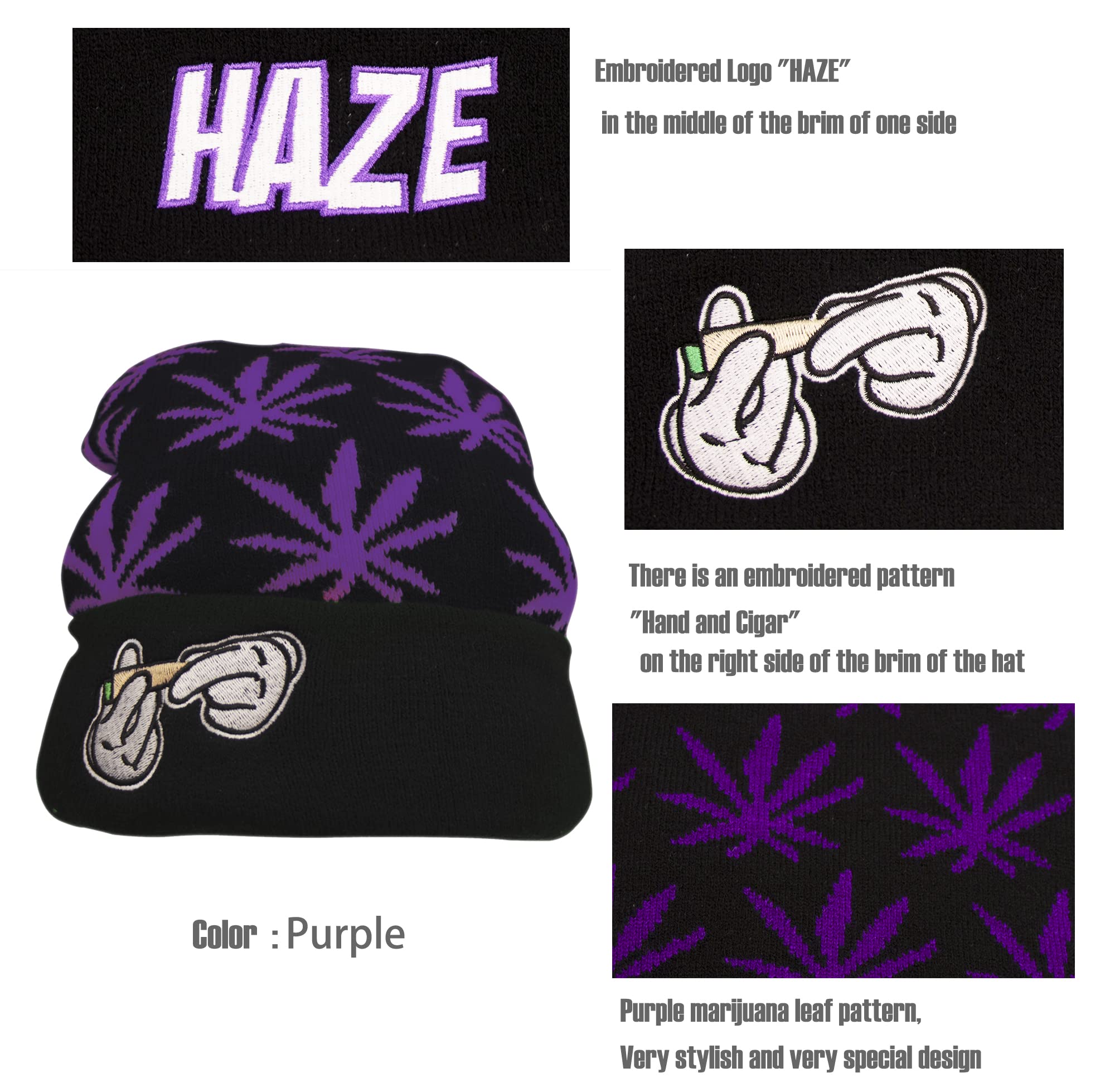 Rolling-Hands Marijuana-Weed Embroidery Beanie-Hat Purple