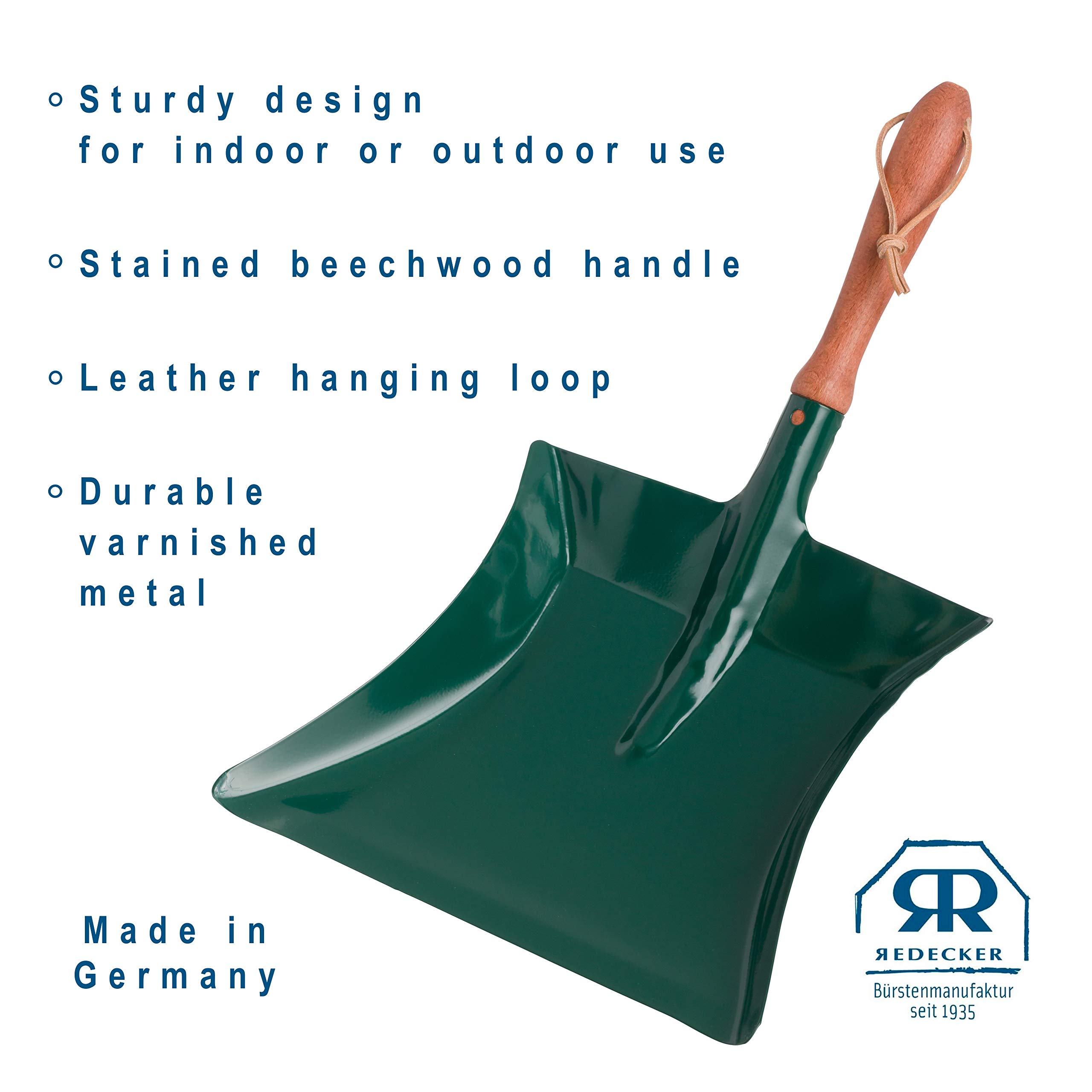 REDECKER Heavy Duty Steel Dust Pan, Powder-Coated, Large Green Dustpan with Long 16-1/2-Inches Oiled Beechwood Handle for Home, Outdoor Dustpan, Made in Germany - Dust Pan Steel Green