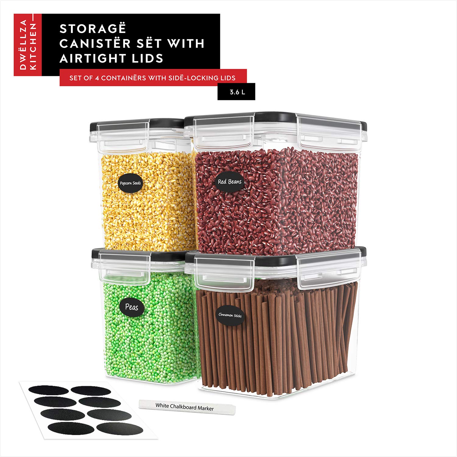 DWËLLZA KITCHEN Airtight Food Storage Container Set - 4 Pieces 3.6L - Plastic BPA Free Kitchen Pantry Storage Containers - Dishwasher Safe - Include 8 Labels and Marker - Keeps Food Fresh & Dry