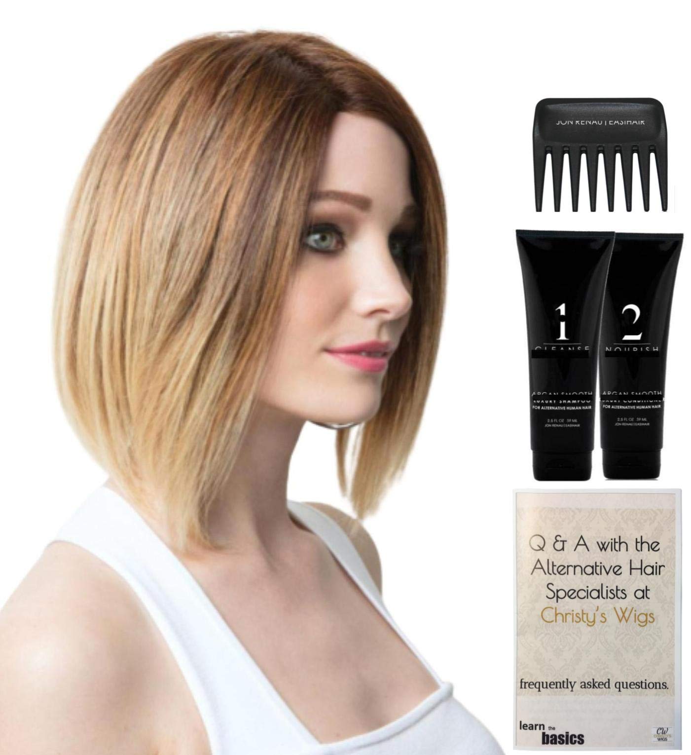 Bundle - 5 items: Valery Human Hair Wig by Rene Paris, Christy's Wigs Q & A Booklet Luxury Shampoo & Conditioner & Mist Wide Tooth Comb - Color: 614R