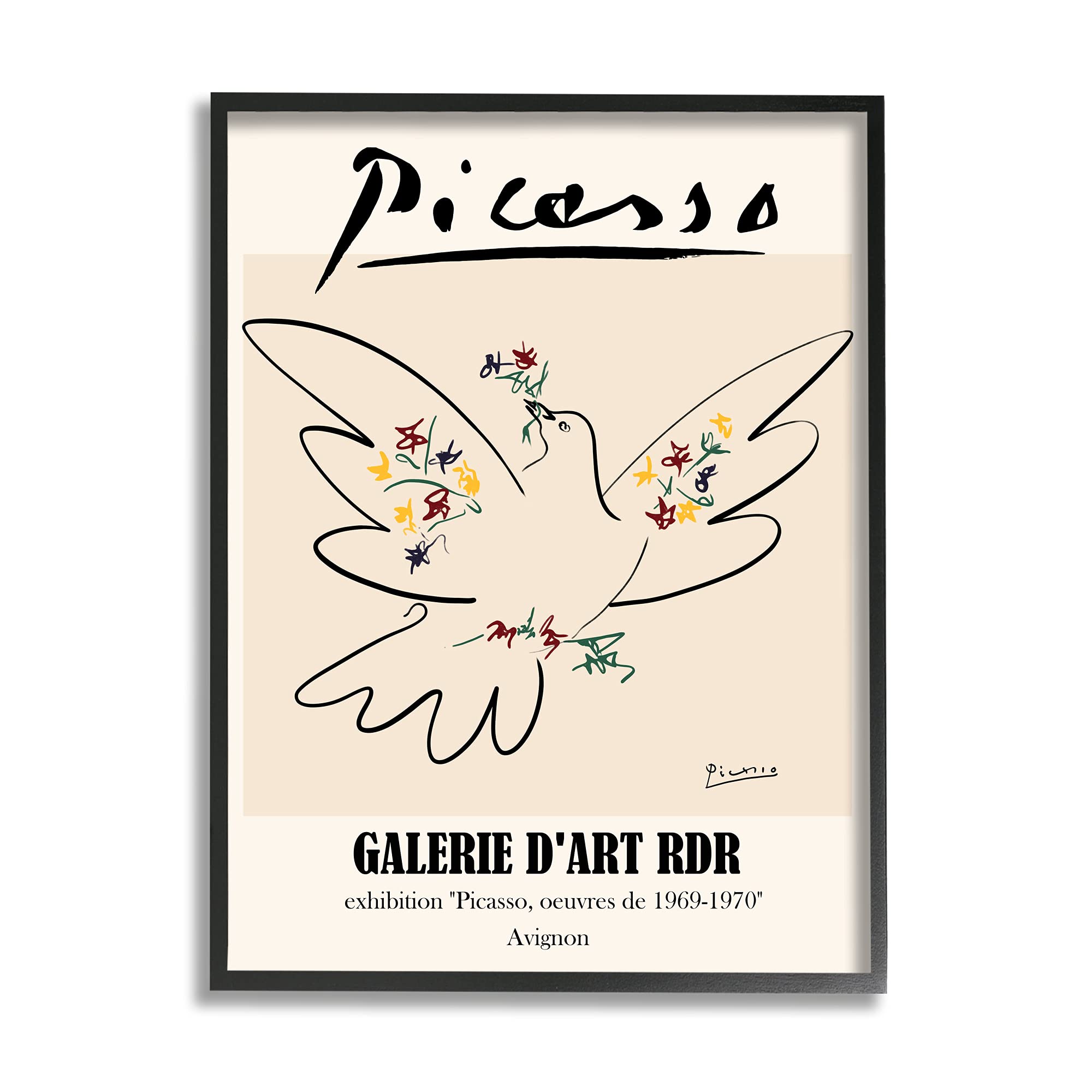 Stupell Industries Classical Abstract Picasso Peace Dove Bird Linework, Designed by ROS Ruseva Black Framed Wall Art, Beige
