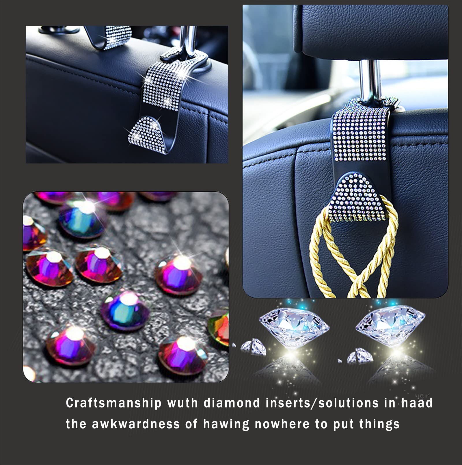 Gseigvee Car Back Seat Headrest Hooks 2 Pack,Car Hook for Purses and Bags, Bling Car Interior Accessories Multi-Color