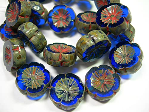 10 Beads - Sapphire Blue Picasso Czech Glass Flower Beads 14mm