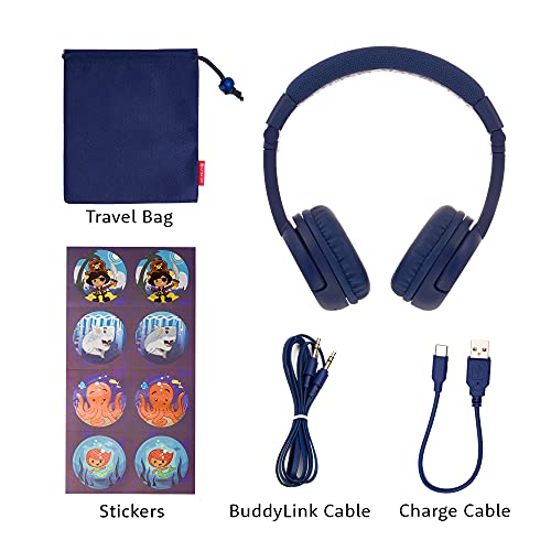 ONANOFF BuddyPhones Play+, Wireless Bluetooth Volume-Limiting Kids Headphones, 20-Hours Battery Life, 3 Volume Settings, Voice Enhancing StudyMode, Answer/Playback Button, BuddyLink Cable, Deep Blue