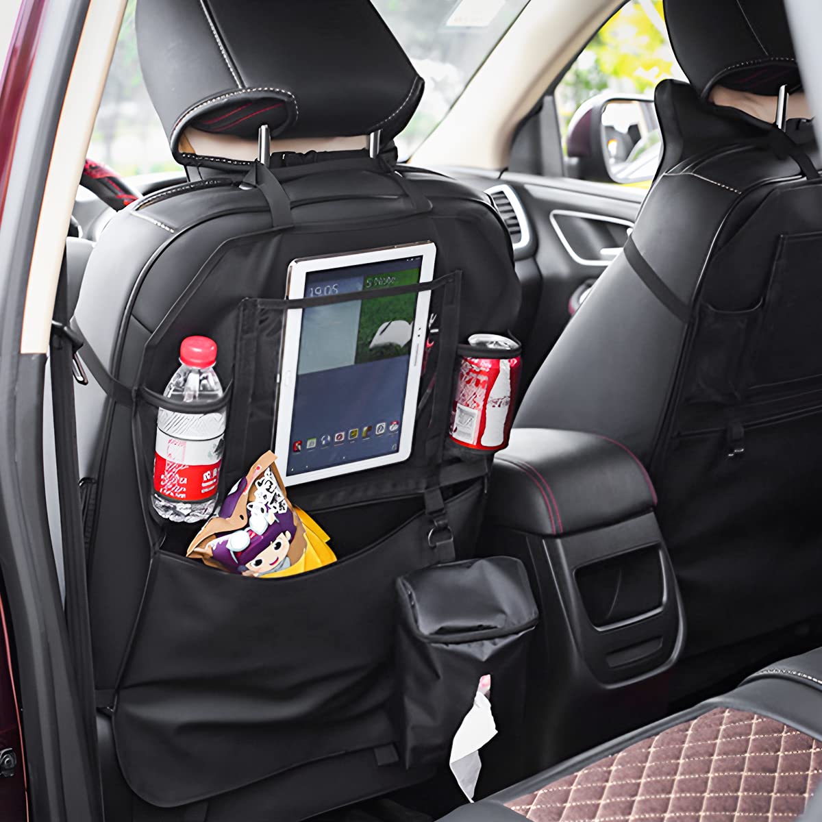 AICEL Car Backseat Organizer, 2 Pack Seat Back Protector Kick Mats with Touch Screen Tablet Holder for Kids Toddlers, Auto Backseat Storage Pockets with Cup Holder and Hook, Car Travel Accessories