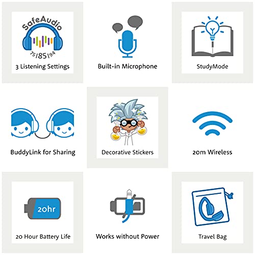 ONANOFF BuddyPhones Play+, Wireless Bluetooth Volume-Limiting Kids Headphones, 20-Hours Battery Life, 3 Volume Settings, Voice Enhancing StudyMode, Answer/Playback Button, BuddyLink Cable, Deep Blue