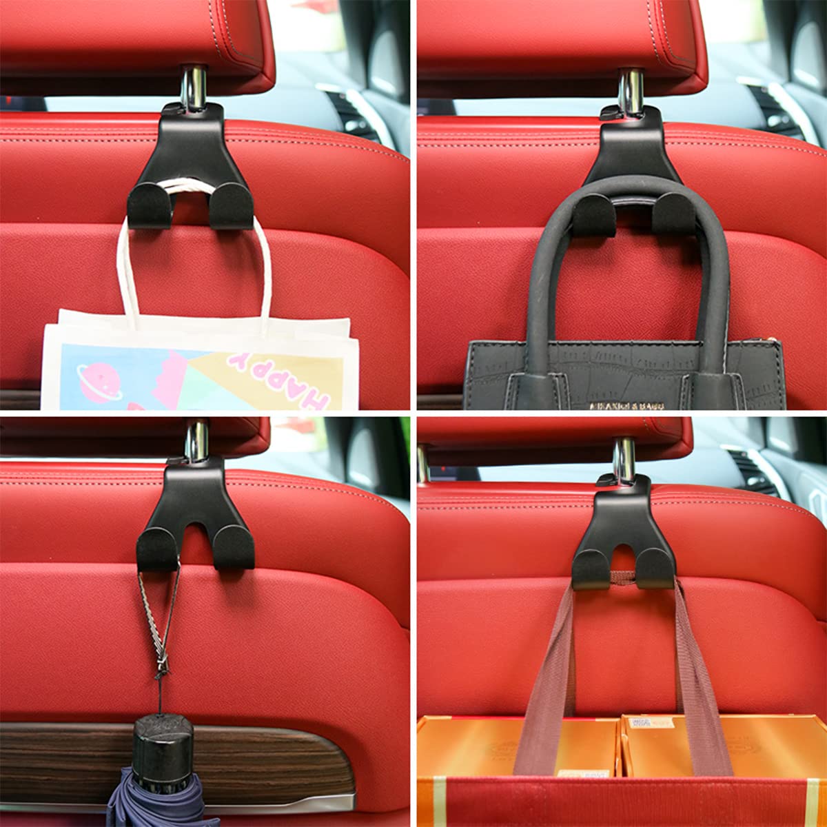 AICEL Car Seat Headrest Hook, 4 Pack Purse Hooks for Auto, 2 in 1 Durable Seat Back Hanger, Storage Organizer Phone Holder for Automotive Interior, Universal for Handbag Coat Grocery (Black)