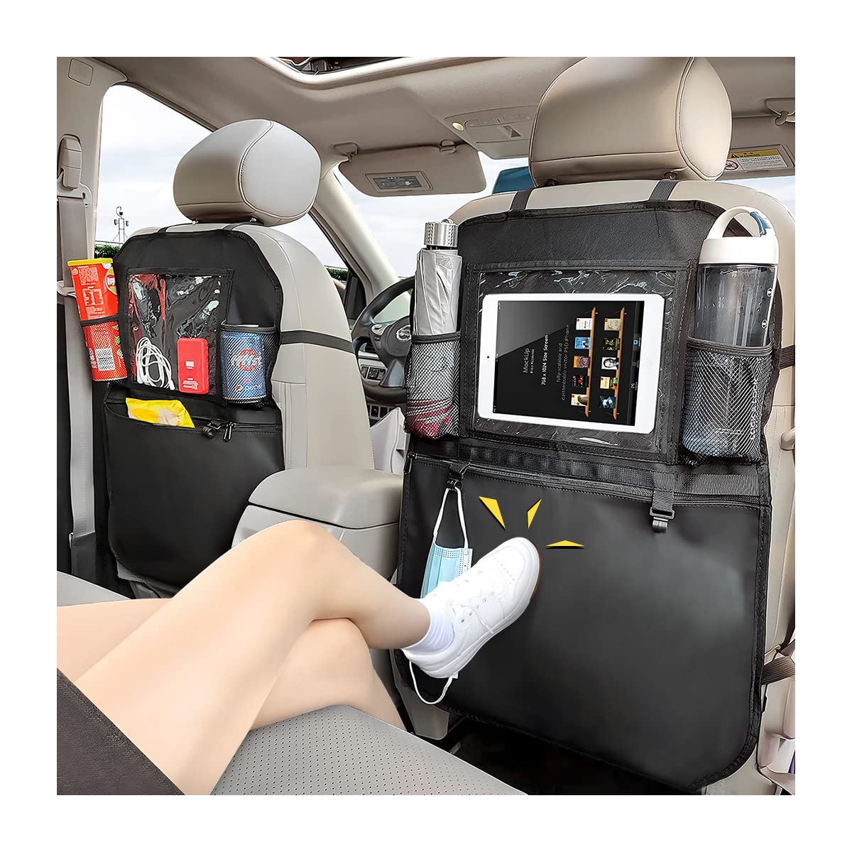 AICEL Car Backseat Organizer, 2 Pack Seat Back Protector Kick Mats with Touch Screen Tablet Holder for Kids Toddlers, Auto Backseat Storage Pockets with Cup Holder and Hook, Car Travel Accessories