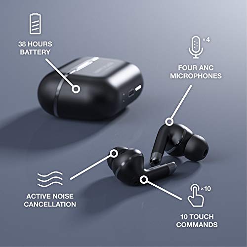 Happy Plugs Air 1 ANC β Premium Quality True Wireless Bluetooth Earbuds β Charging Case & Built-in Microphones β Excellent Active Noise Cancelling β 38 Hours Battery Life - Black