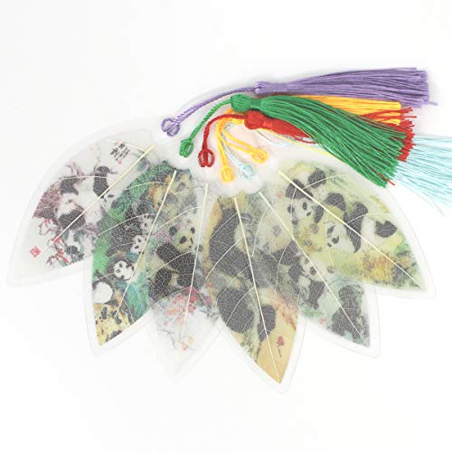 6 Pieces Handmade Leaf Vein Bookmarks with Tassels Chinese Paintings Panda Best Gift for Your Friends Kids Student Souvenirs Business Gift Christmas Gift Birthday Gift