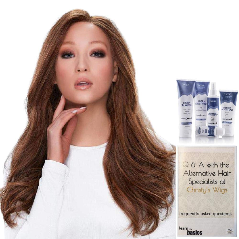 Bundle - 7 item: Blake Large Remy Human Hair Wig by Jon Renau, Christy's Wigs Q & A Booklet, BeautiMark Hydra Shampoo Conditioner Mask Protect Leave-In Spray Shine Serum - Color: 1B