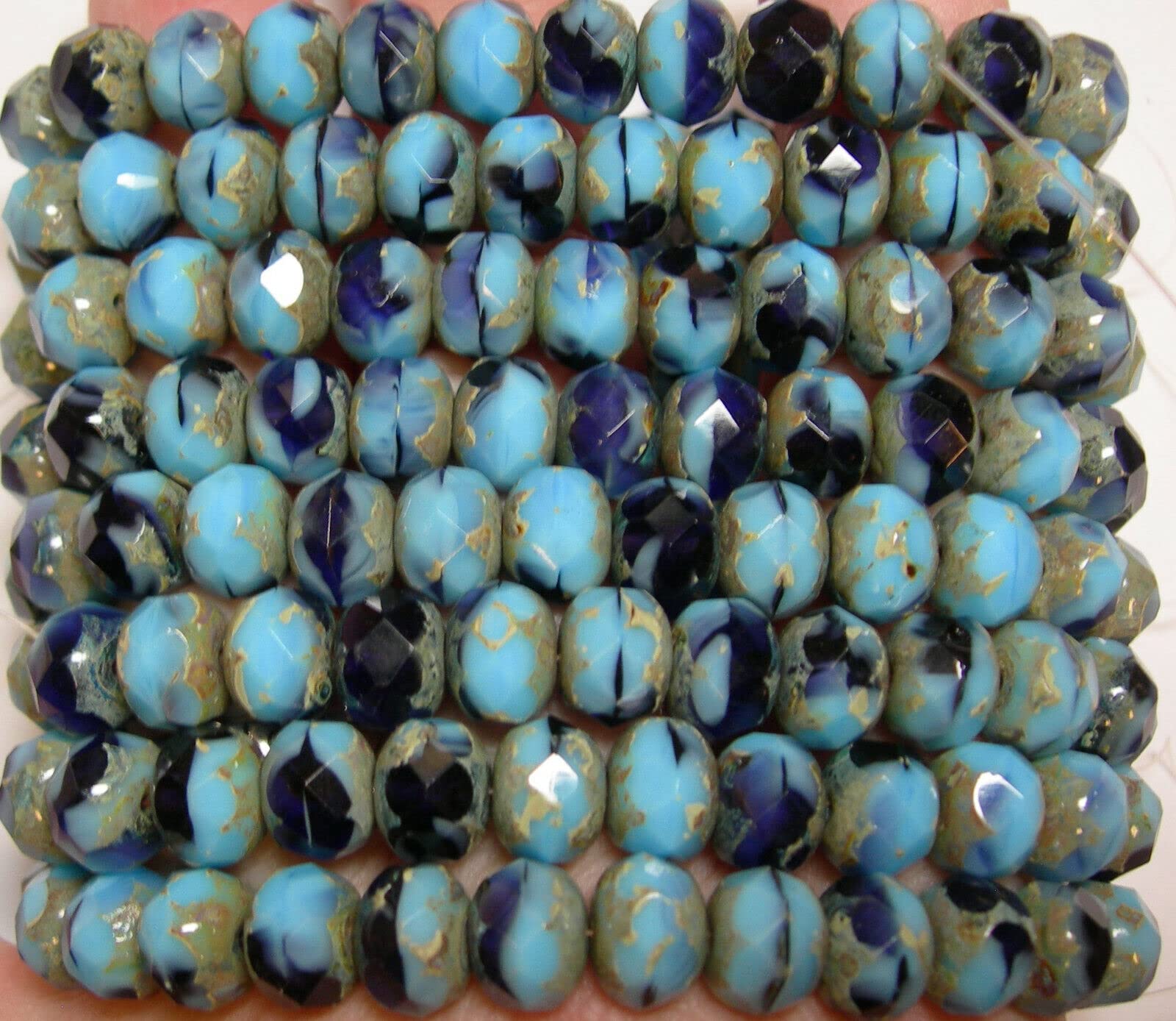25 8x6mm Baby Blue Purple Blend Picasso Czech Rondelle Glass Beads