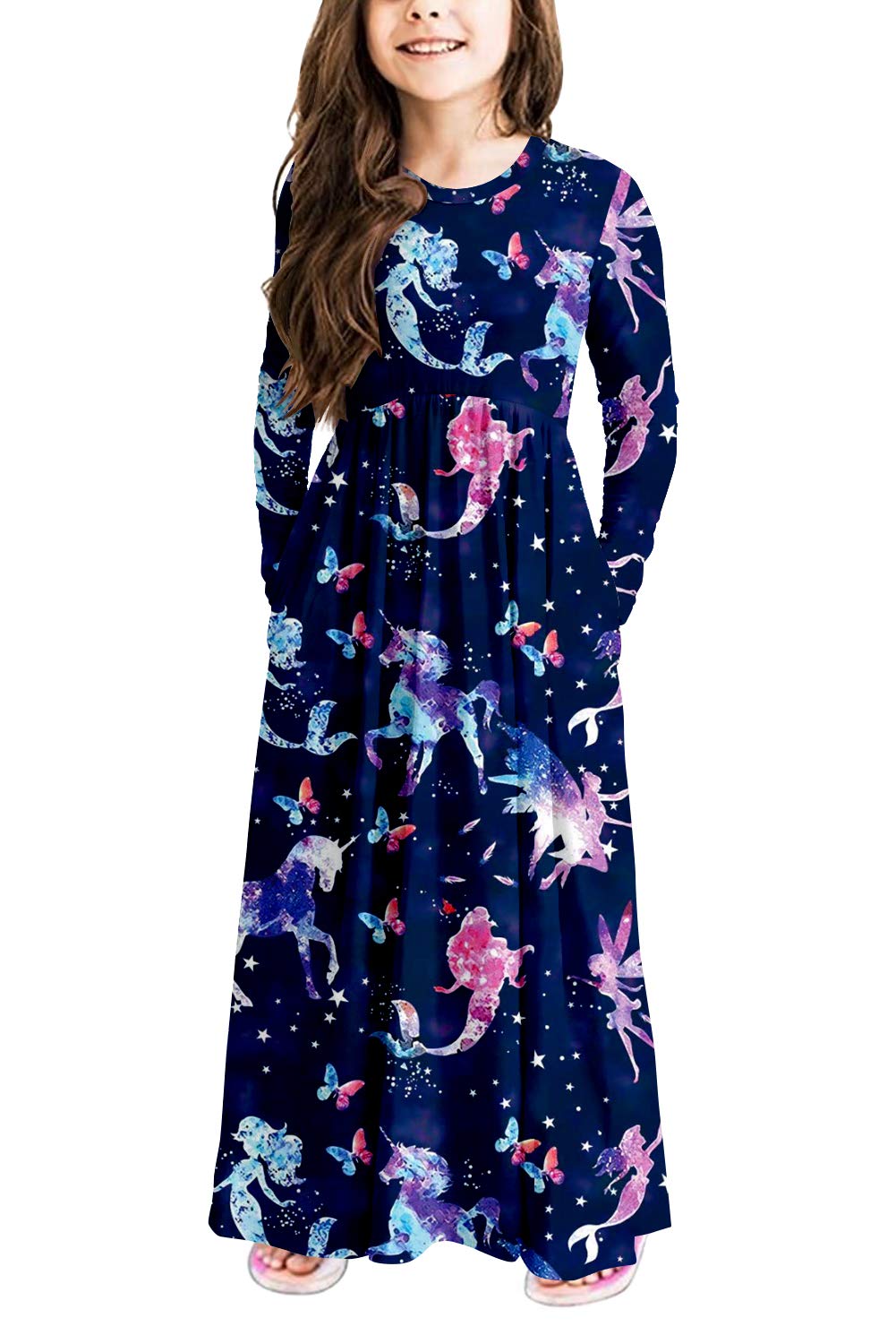 storeofbaby Girls Print Dress Horse Butterfly Long Sleeve Starry Holiday Maxi Dresses